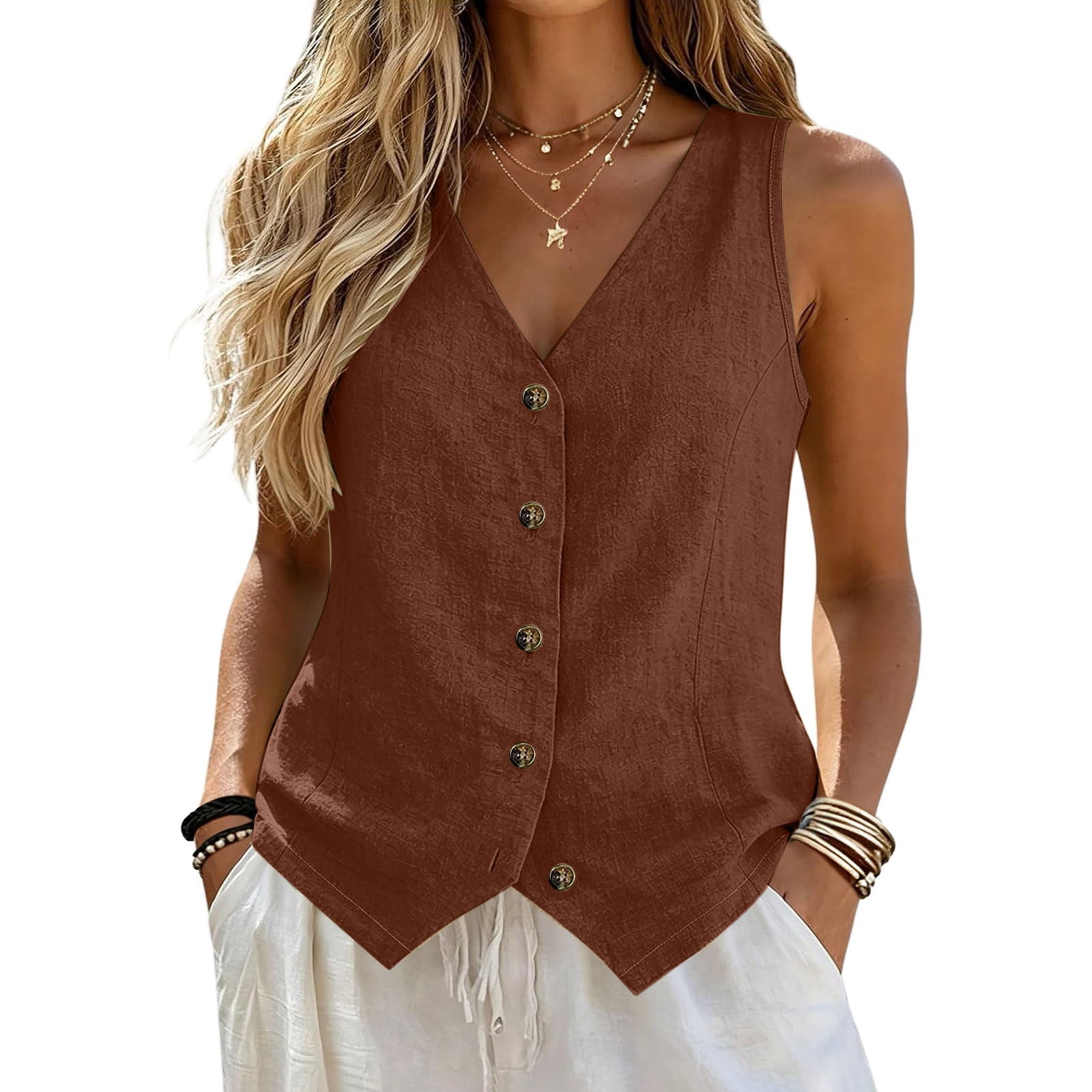 Vest Tops for Women, Cotton Linen Button Down Sleeveless Shirts ...