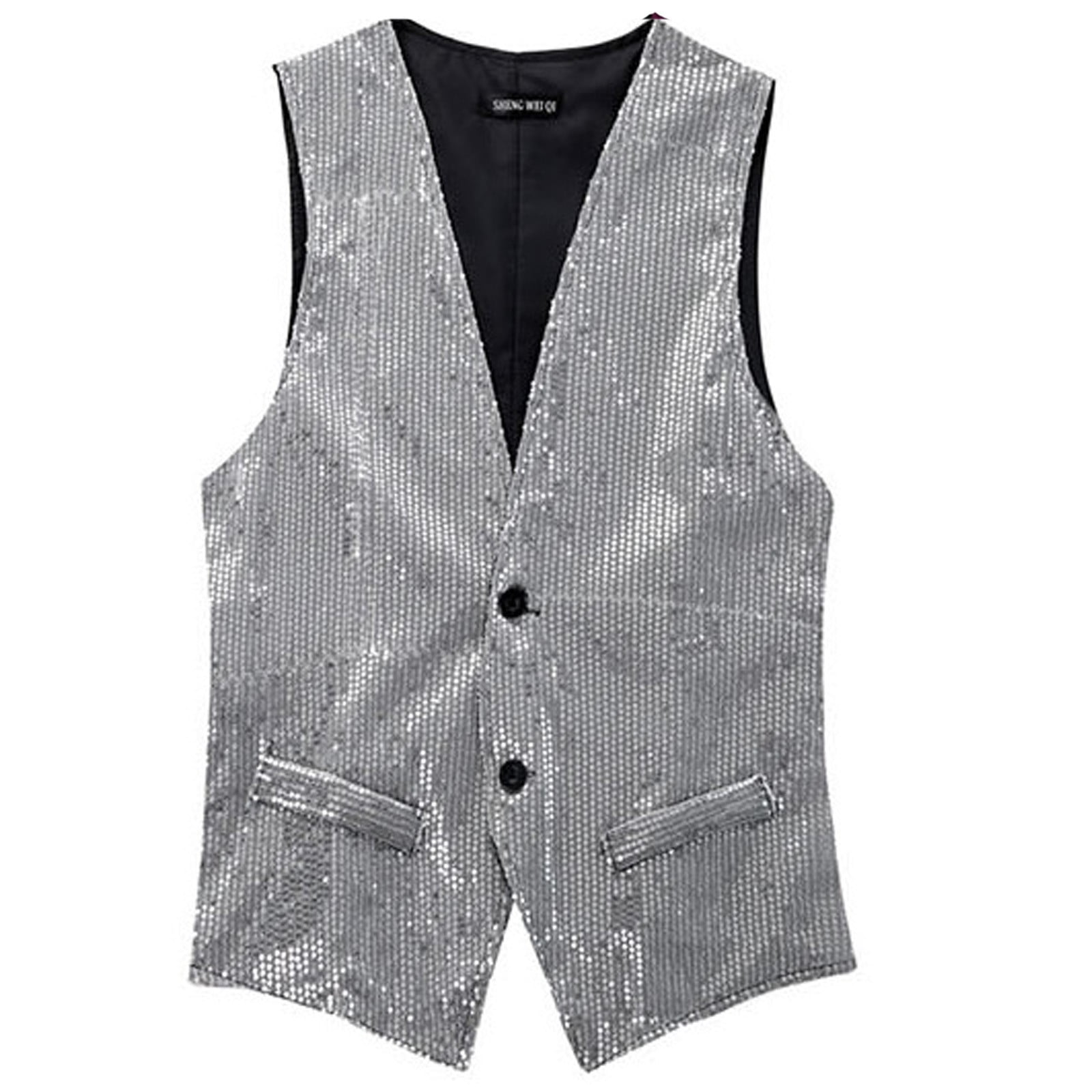 Sequins Vest for Men Formal Single Suit Vests Shiny Tuxedo Waistcoat ...