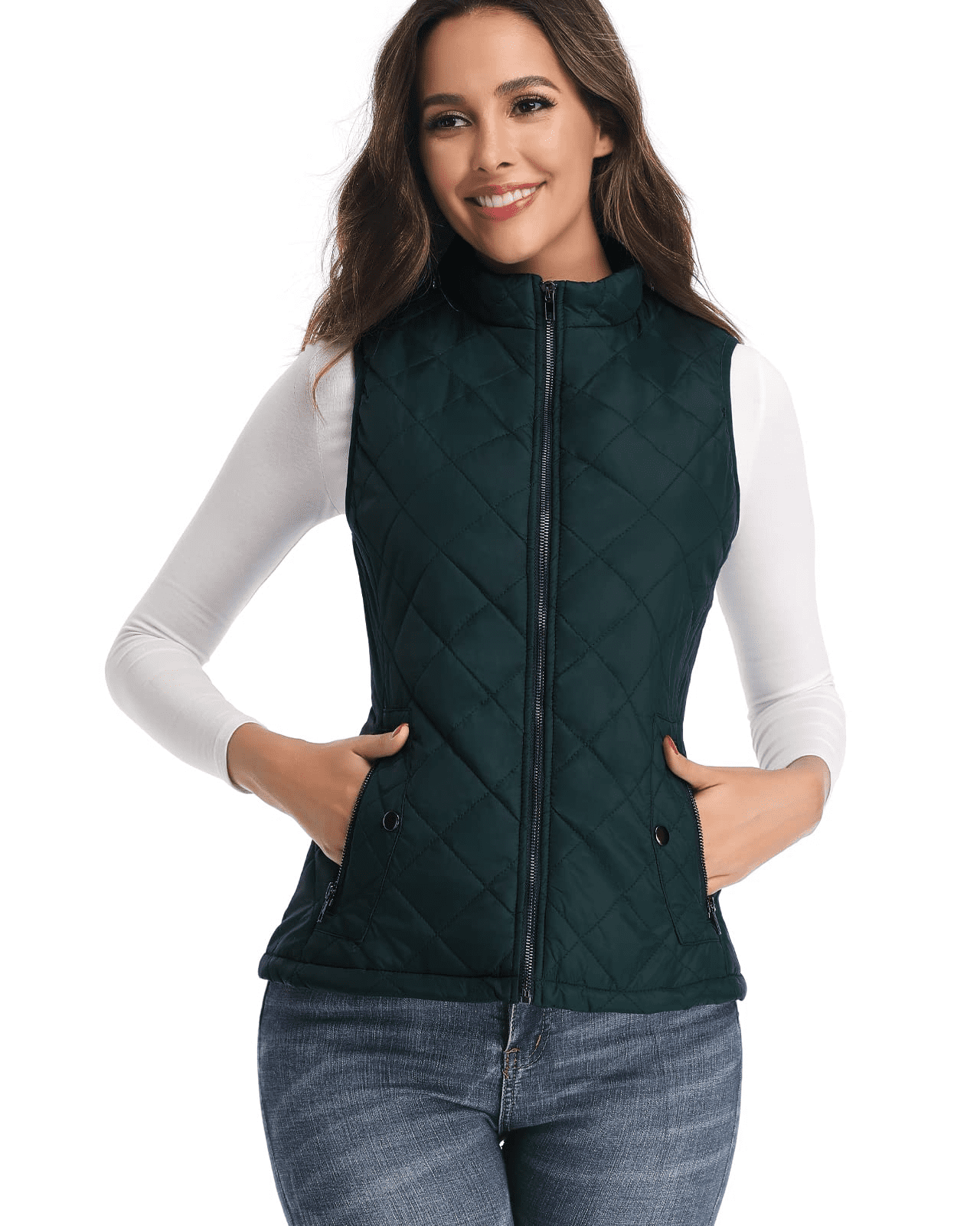 Vest for Women-Stand Collar Lightweight Zip Quilted,Green Women's Vest ...