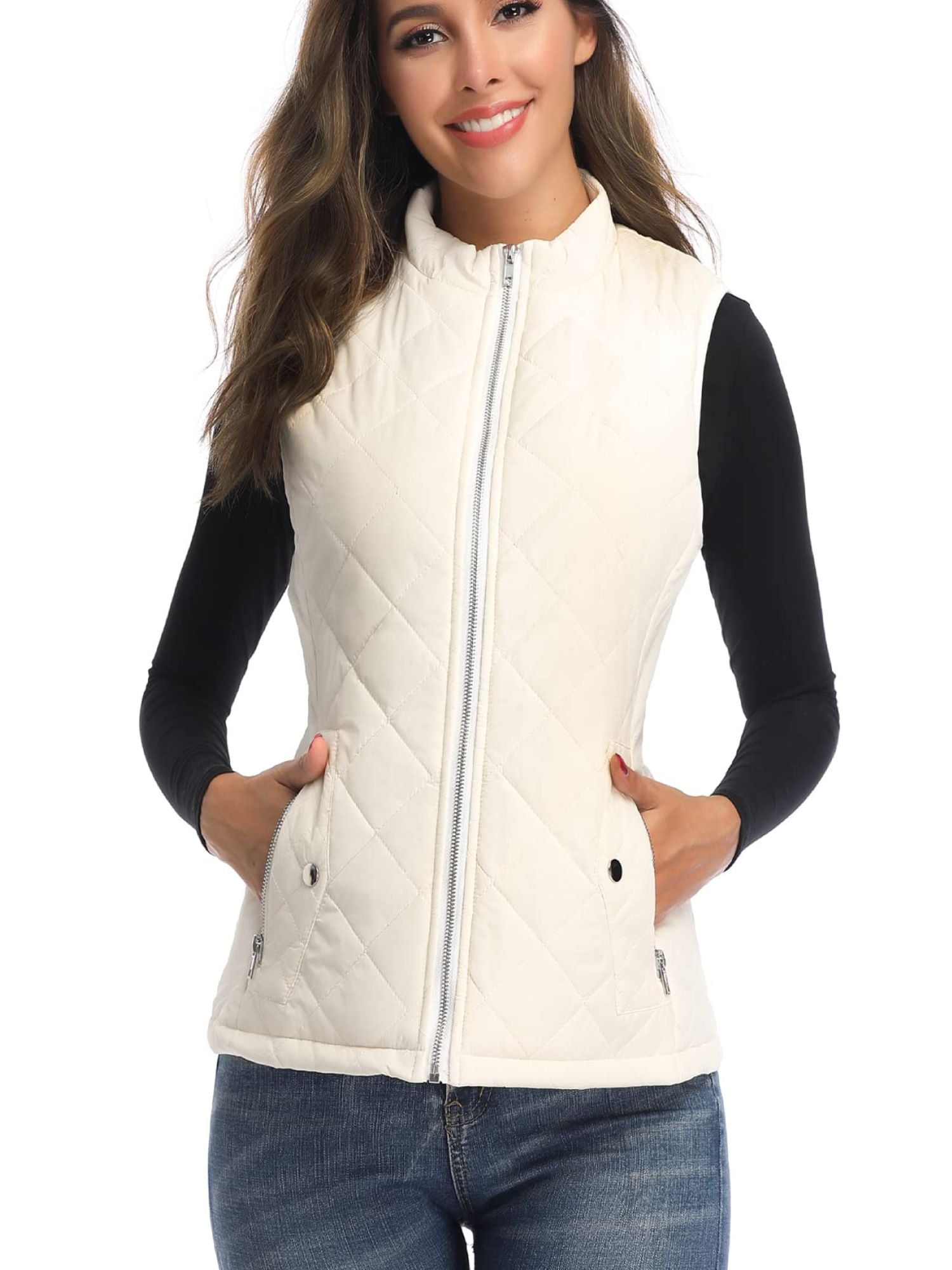 Vest for Women-Stand Collar Lightweight Zip Quilted,White Women's Vest ...