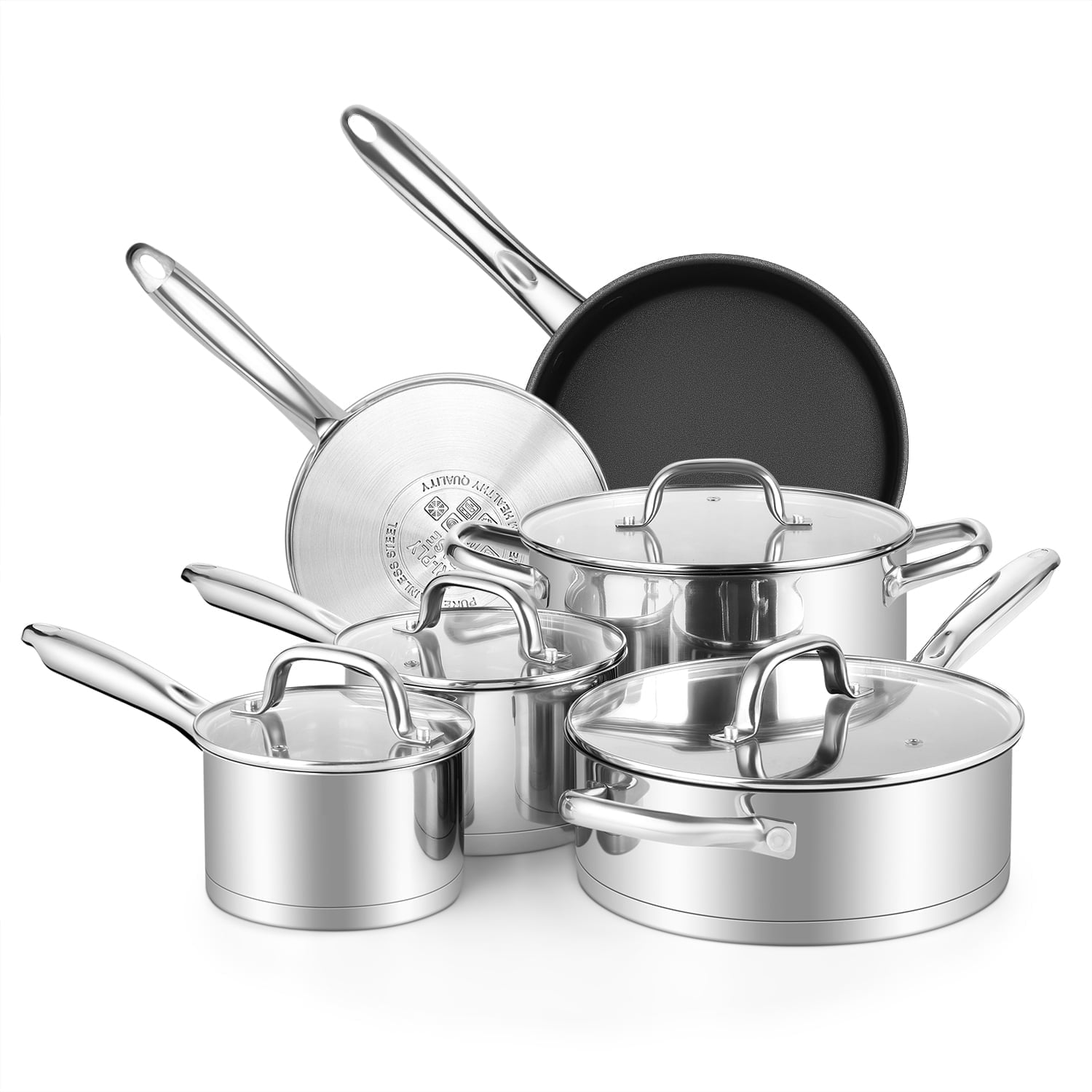 "Vesteel 10 Pcs Stainless Steel Pots and Pans Set, Nonstick Frying Pans ...