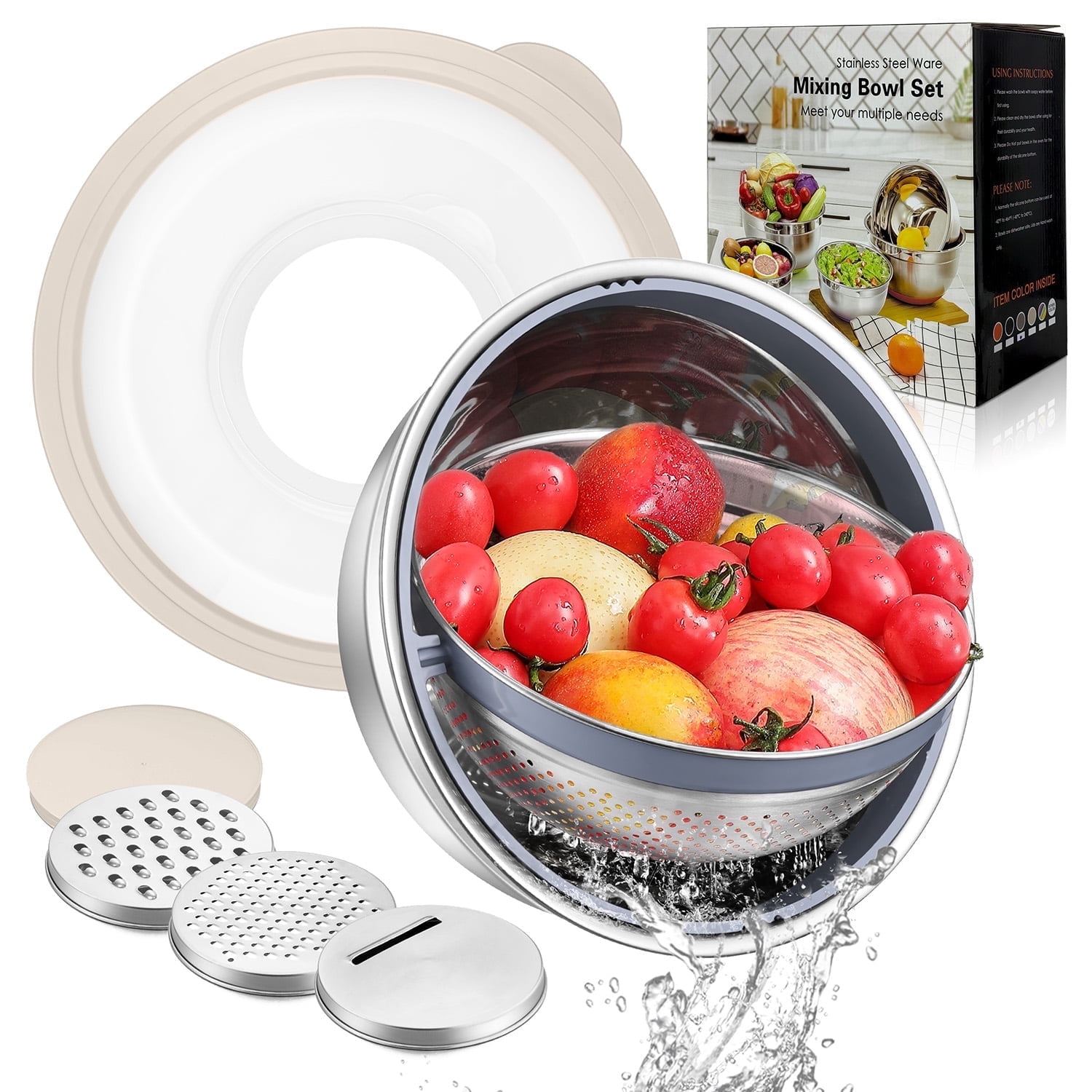 Vesteel 4-in-1 Stainless Steel Colander and Mixing Bowl Set, Airtight ...