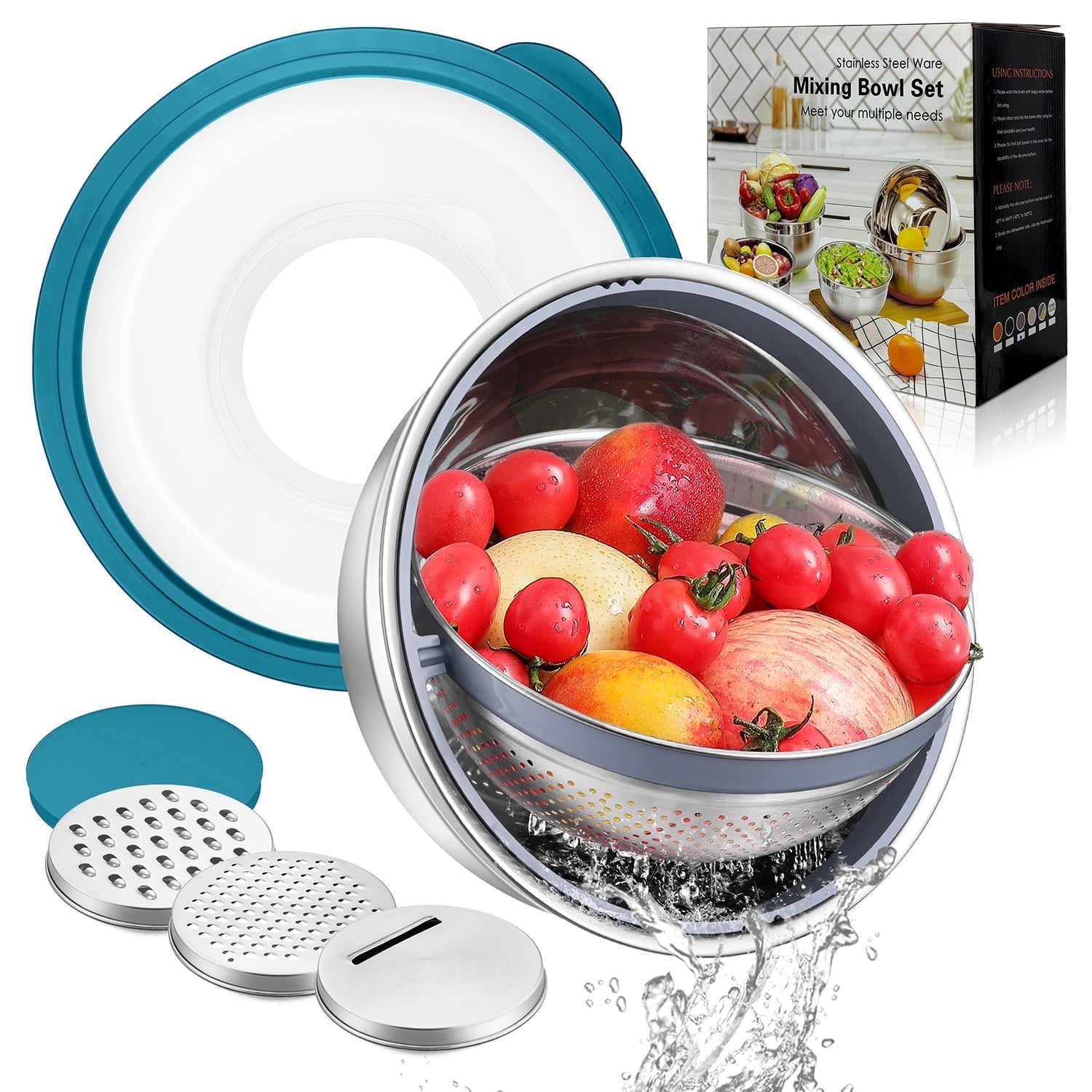 Vesteel 4-in-1 Stainless Steel Colander and Mixing Bowl Set, Blue, Non ...