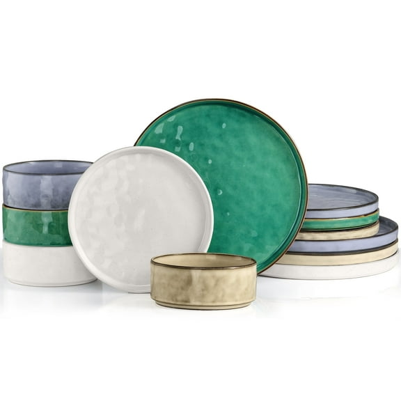 Stoneware Dinnerware Sets, 12-Piece Plates and Bowls Set for 4, Dishes ...