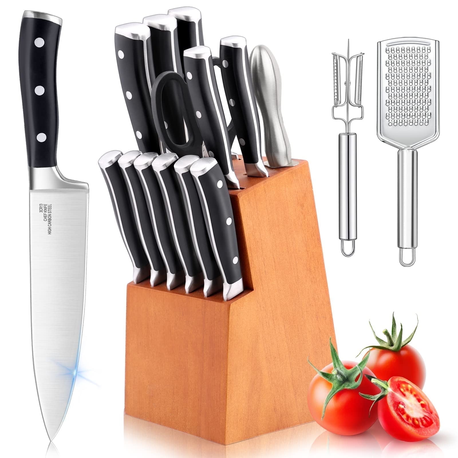 Vesteel Kitchen Knife Set with Block, 16-Piece High Carbon Stainless ...