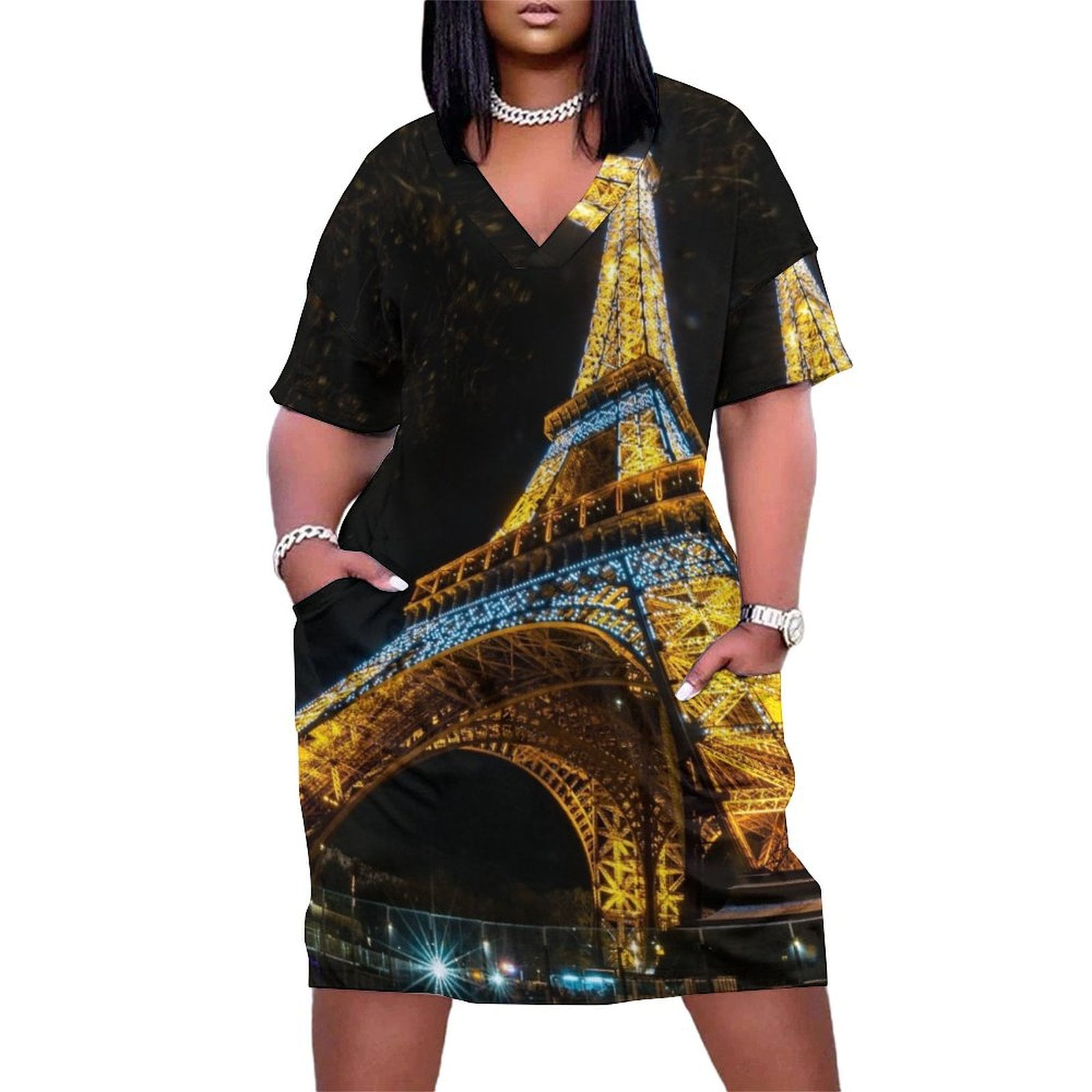 Vestido de cóctel de manga larga con bolsillo suelto de la Torre Eiffel en una noche de París ...