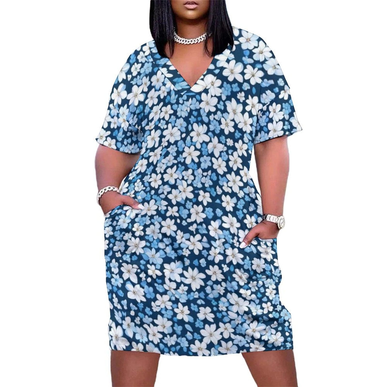 Vestido holgado con bolsillos y estampado Floral de flores azules ...
