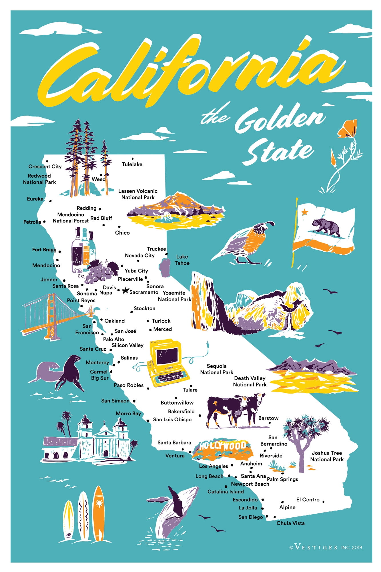 Vestiges California State Icons Souvenir Tea Towel 21.5" x 32" Eco ...