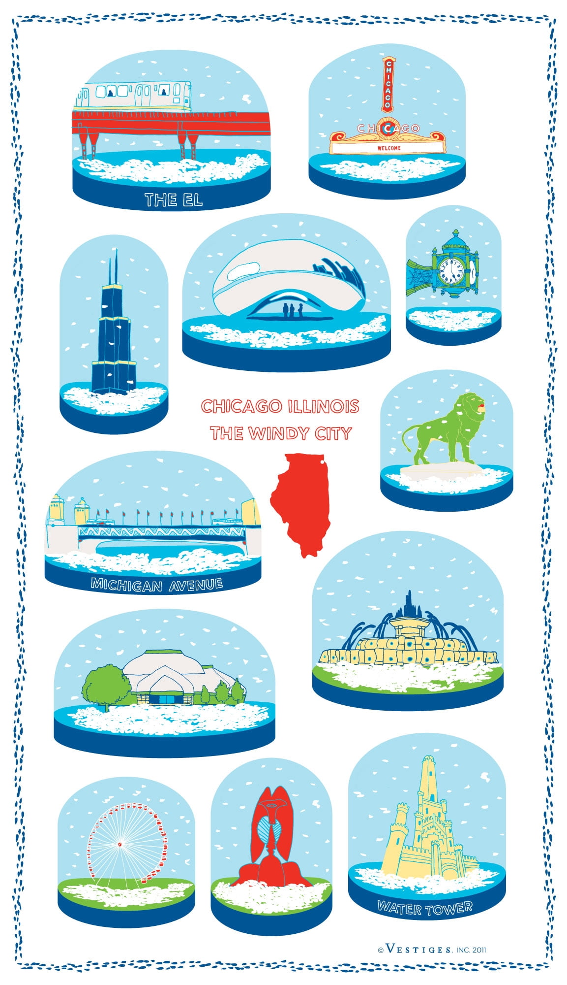 Vestiges Chicago Snow Globes Souvenir Tea Towel 21.5" x 32" Eco ...
