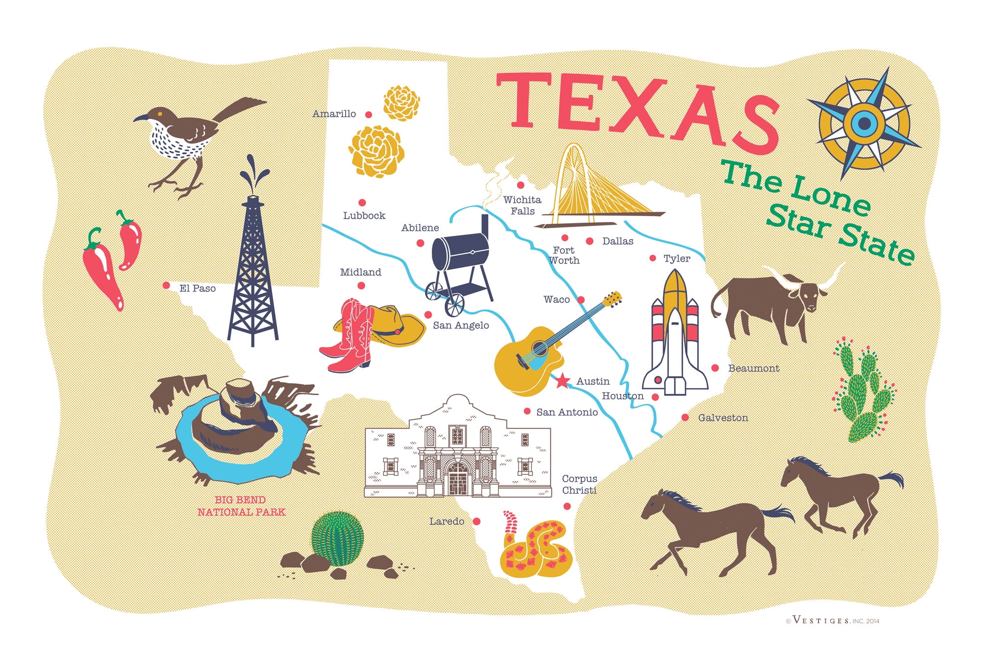 Vestiges Texas State Icons Souvenir Tea Towel 21.5" x 32" Eco-Friendly ...