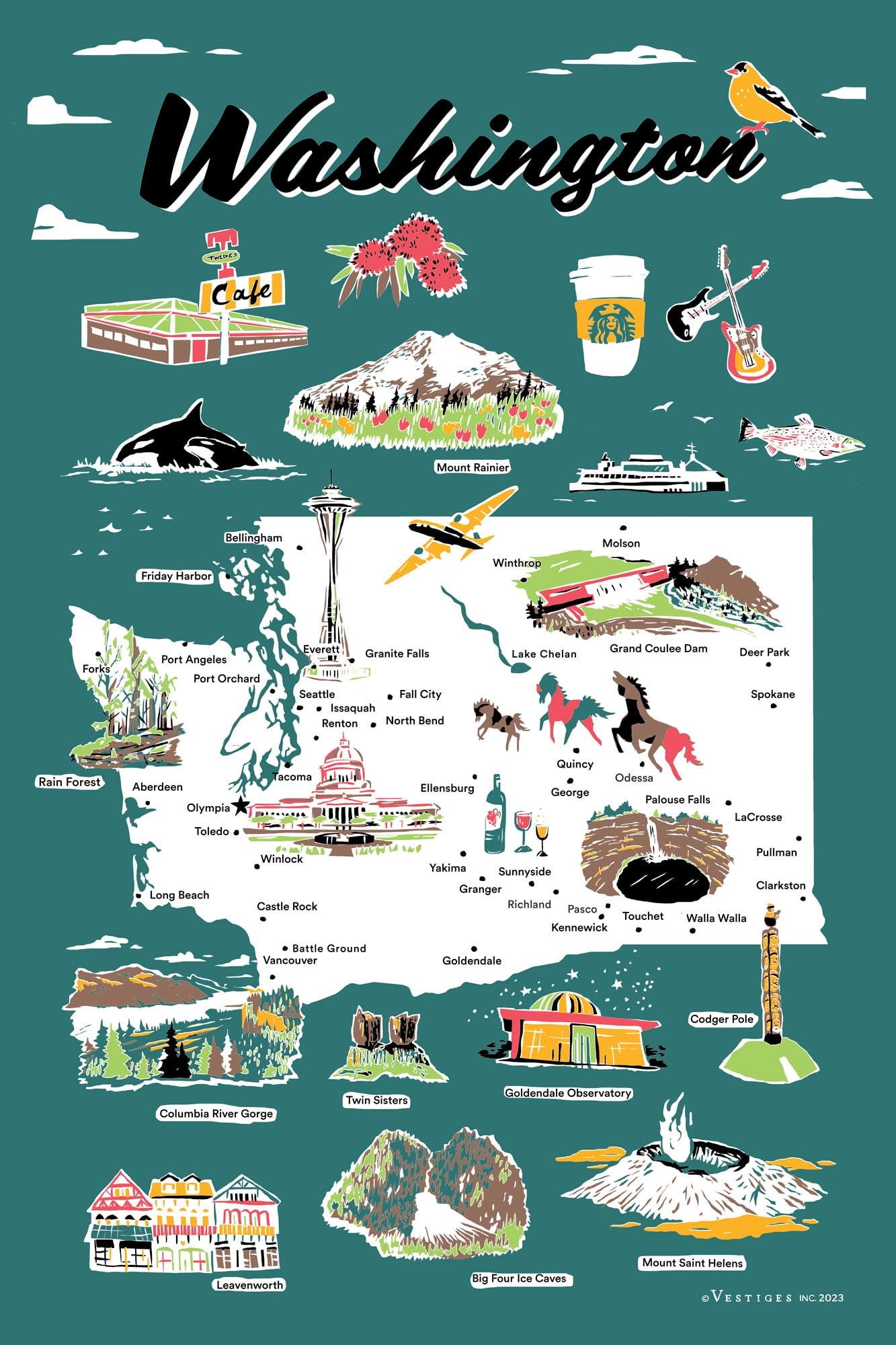 Vestiges Washington State Icons Souvenir Tea Towel 21.5" x 32" Eco ...