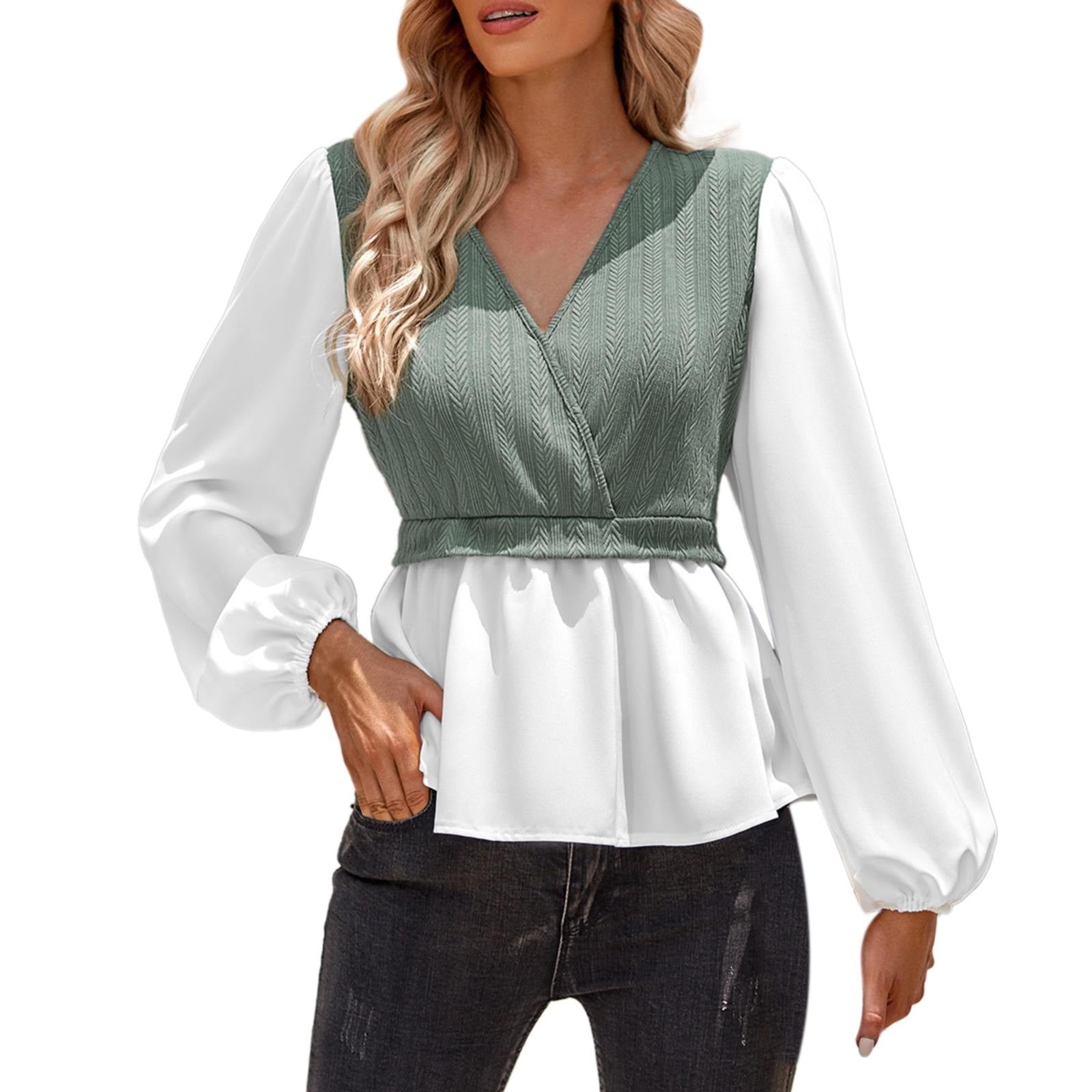 Vestitiy Womens Shirts Jacket Womens Color Matching Casual V Neck