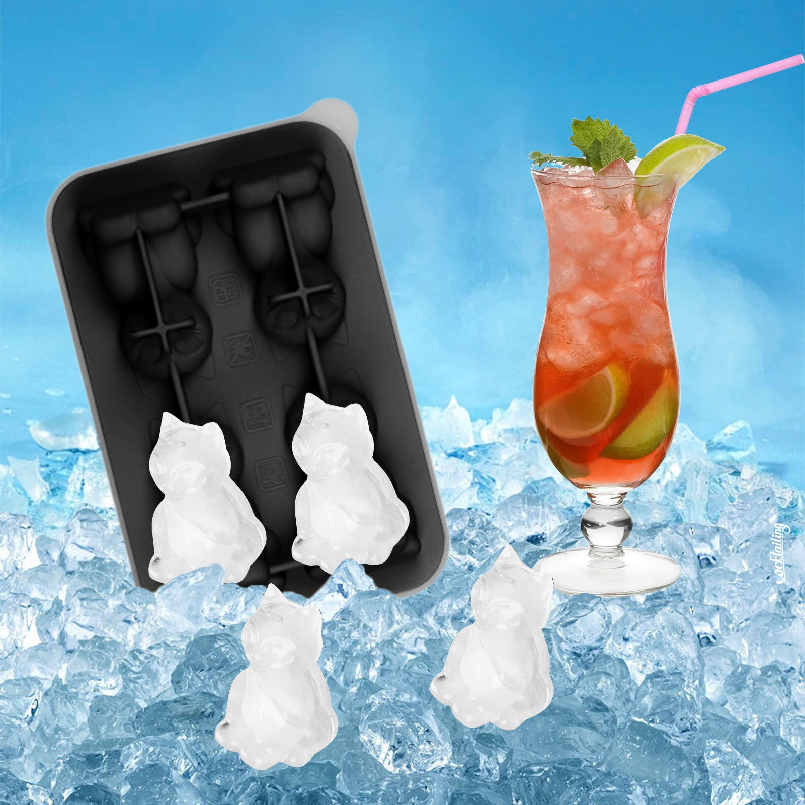 Vestitly 3d Cat Shaped Silicone Ice Cube Tray With Lid 4 Compartments ...