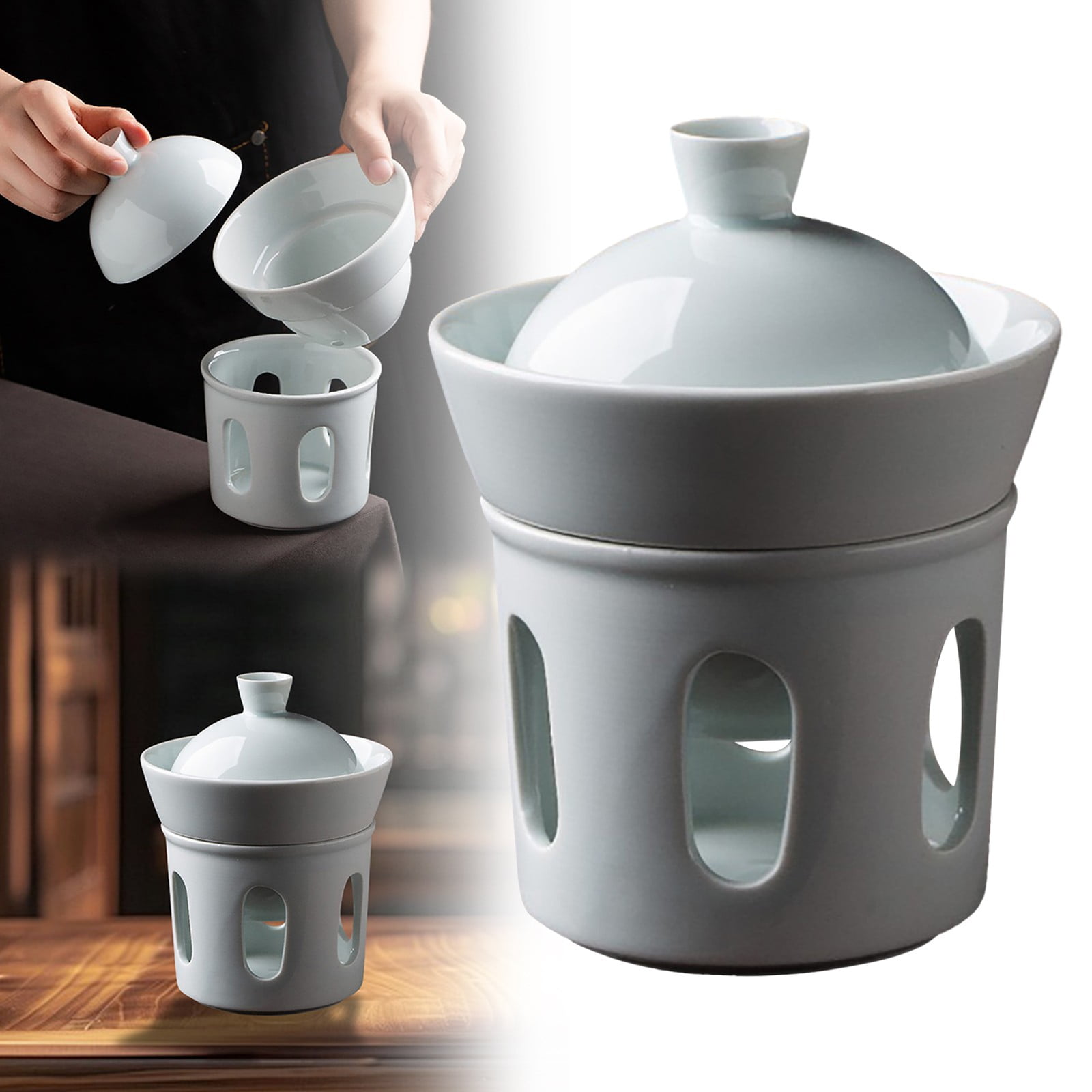 Vestitly Small Ceramic Stew Pot Steamed Egg Bowl With Lid Steaming Cup ...