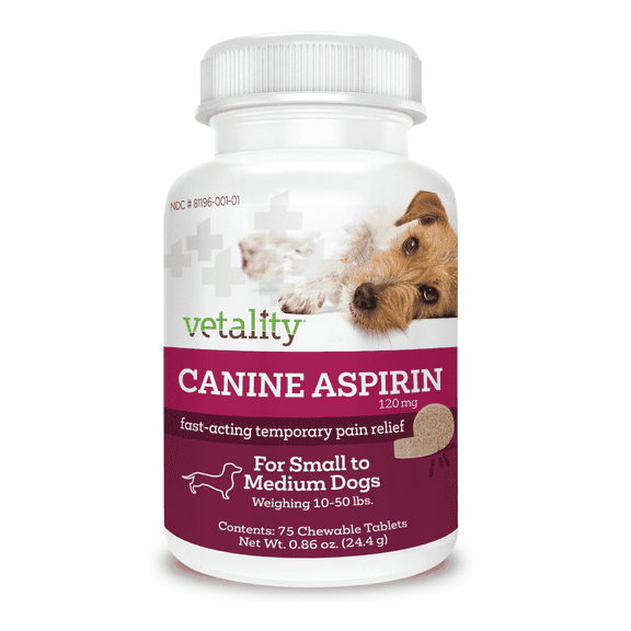 Vetality Canine Aspirin for Dogs, Fast Pain Relief Medicine for Small to Medium Dogs, Liver ...
