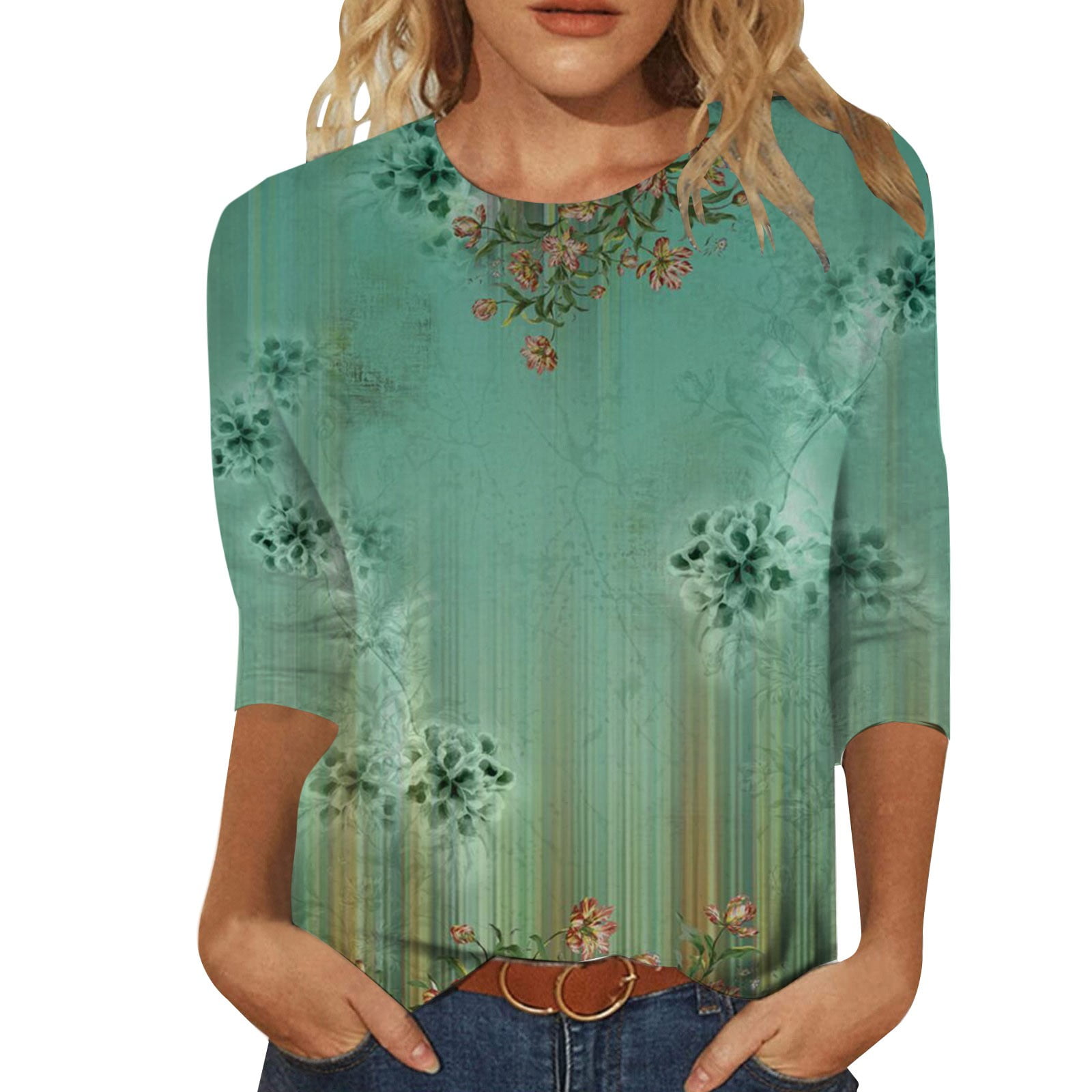 Vetement Femme ete 2025 Women's Casual Printed Loose Round Neck 3/ 4 ...