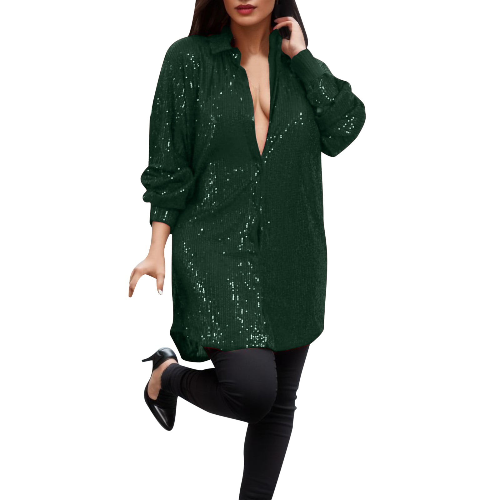 Vetement Femme ete 2025 Womens Sequins Mini Dress Sparkly Button Down Blouse Tunic Shirts Plus ...