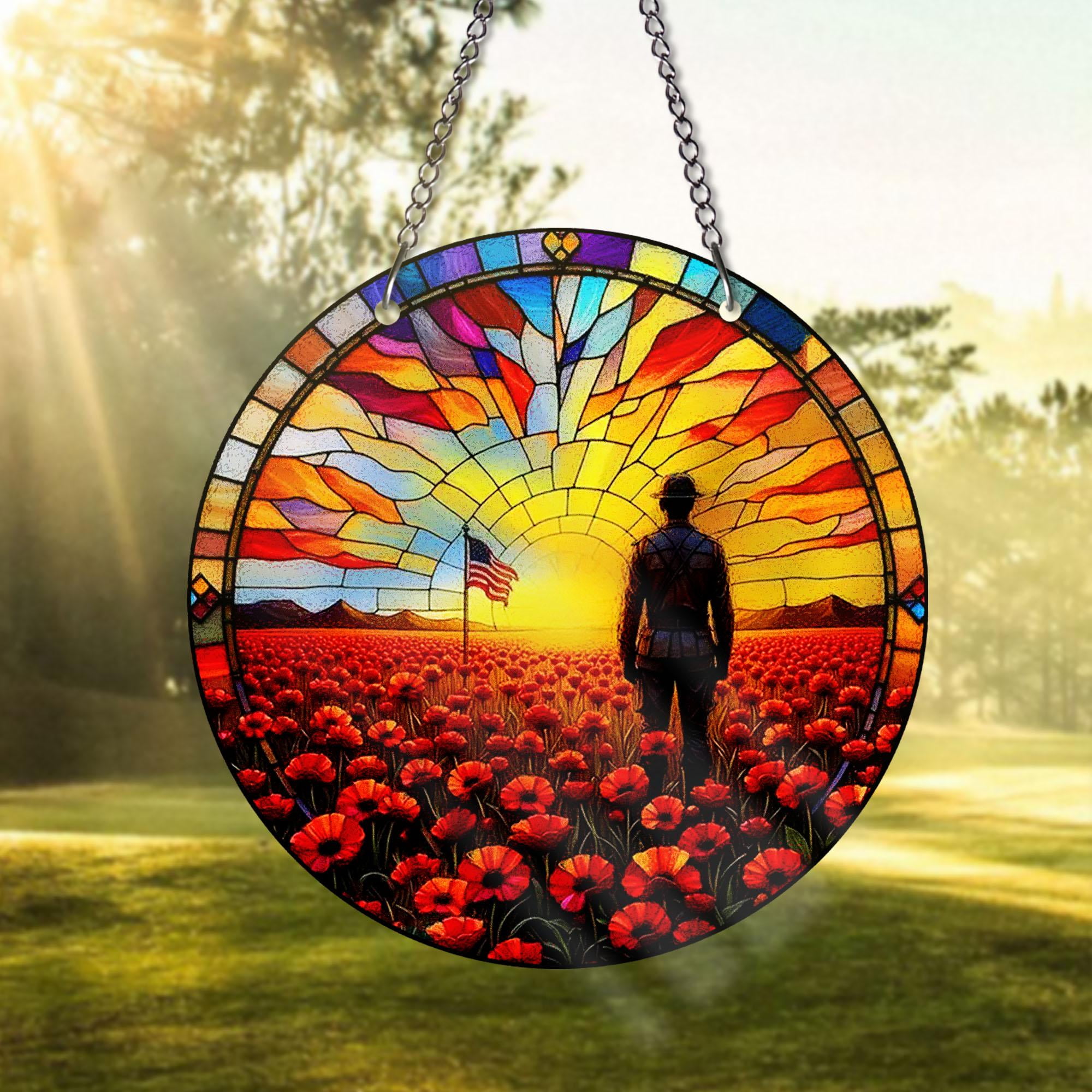 Veteran Memorial STAINED GLASS Sun Catcher 4th July Soldier in Poppy ...
