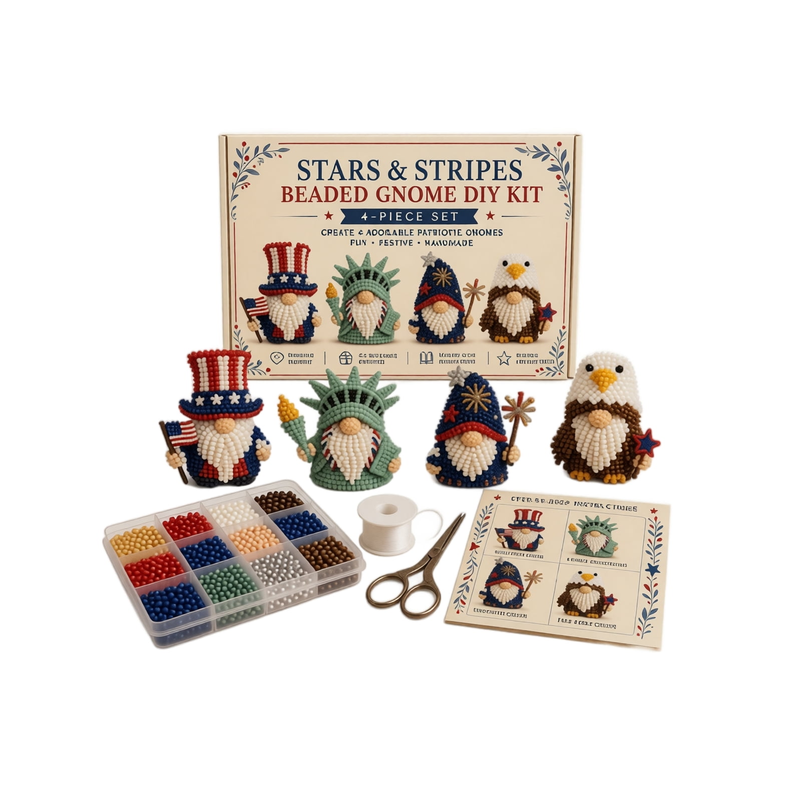 Veterans Tribute 3D Beaded Gnome DIY Kit 4-Piece Patriotic Dwarf Elf ...