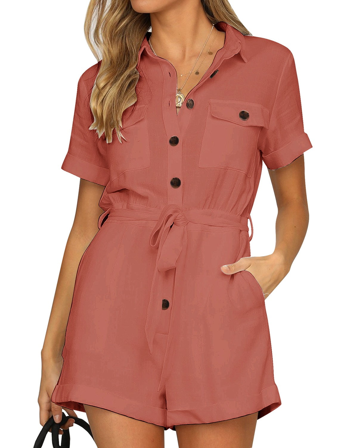 Vetinee Ladies V Neckline Front Button Rompers Short Jumpsuits with ...