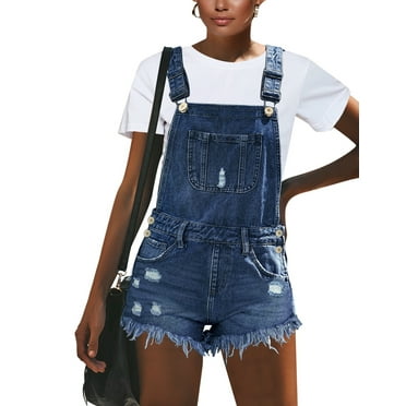 Pink Queen Women's Denim Classic Adjustable Straps Cuffed Hem Bib ...