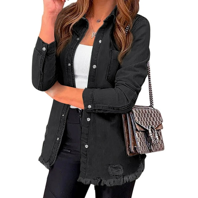 Vetinee Women's Vintage Black Denim Jackets Casual Open Front Button ... Vetinee Women's Vintage Black Denim Jackets Casual Open Front Button ...