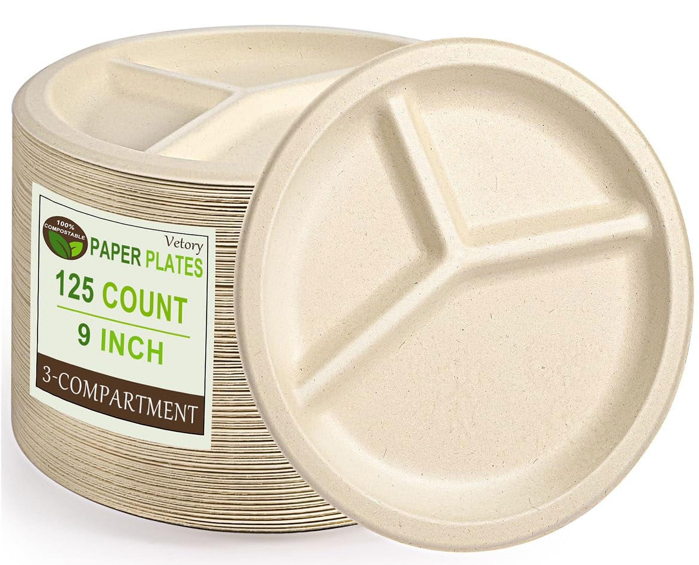 Vetory 125 Pack 3 Compartment Plates, AFN1100% Compostable, 9 Inch ...