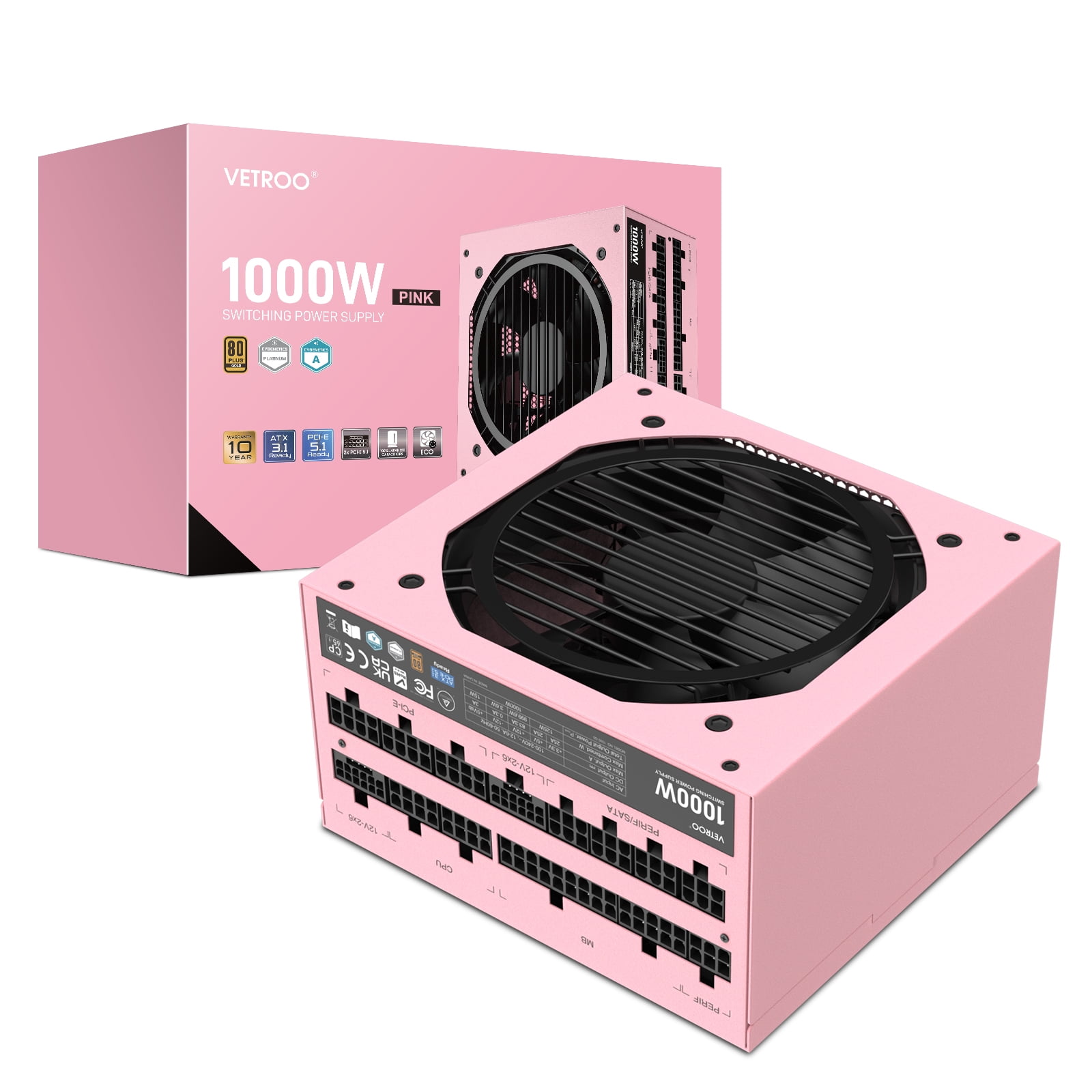 Vetroo 1000W Pink Power Supply ATX 3.1 Ready Dual PCIe 5.1, 80 Plus ...