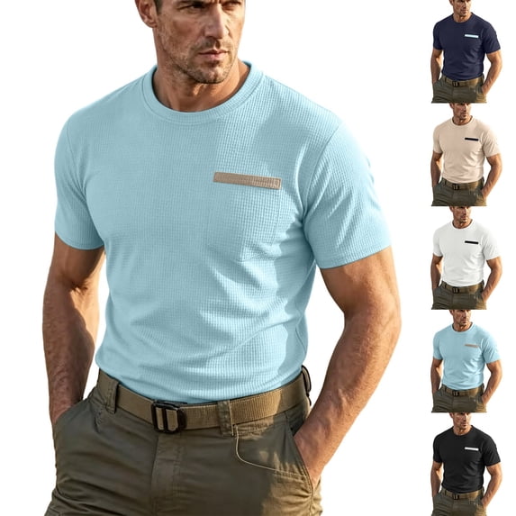 Vetsdori Work Tops for Men Summer Pocket Pullover Waffle Short Sleeve ...