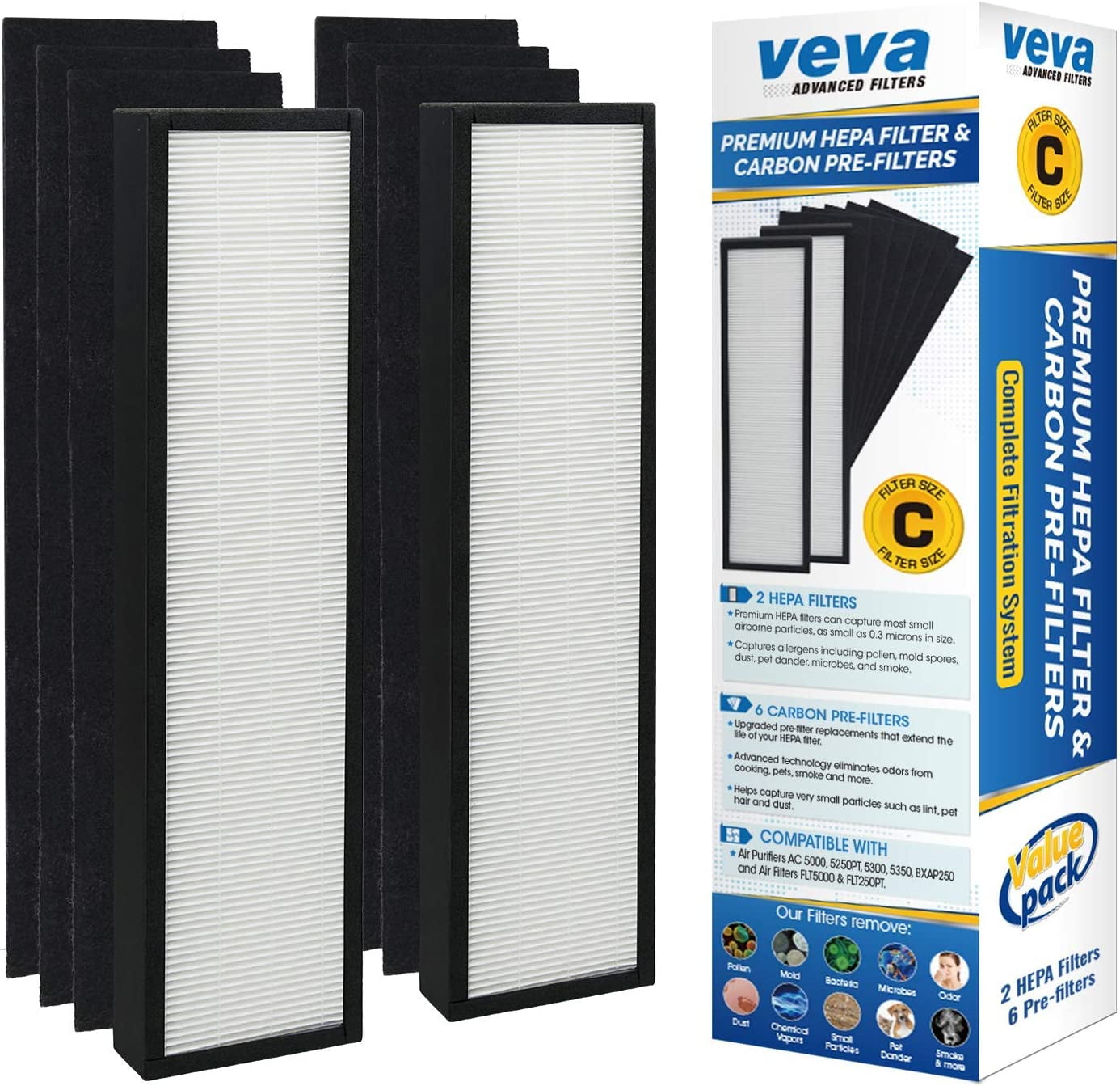 Veva 2 HEPA Air Filters & 6 Carbon Pre-Filters Replacement C Compatible ...
