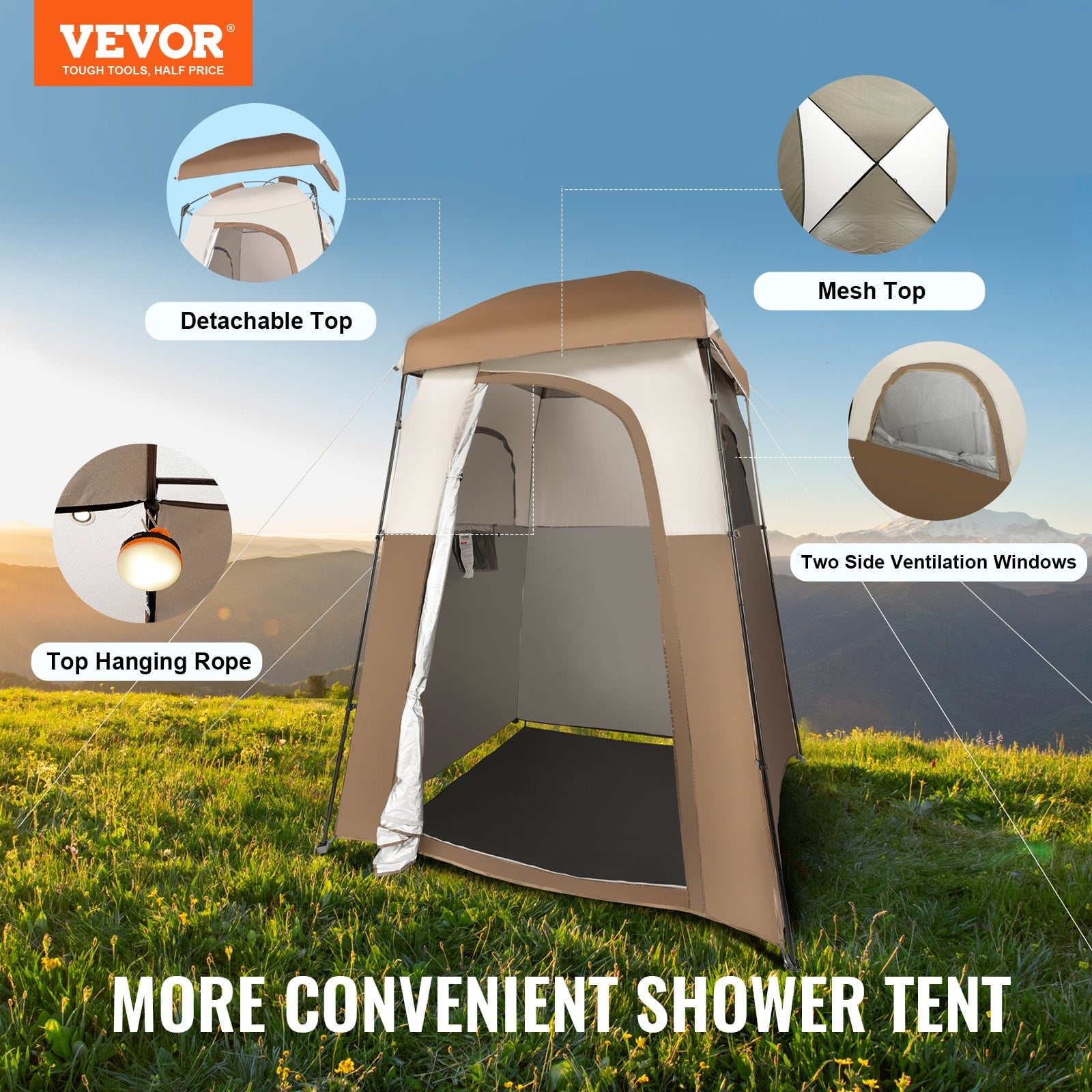 VEVOR Camping Shower Tent, 66" x 66" x 87" 1 Room Oversize Outdoor ...