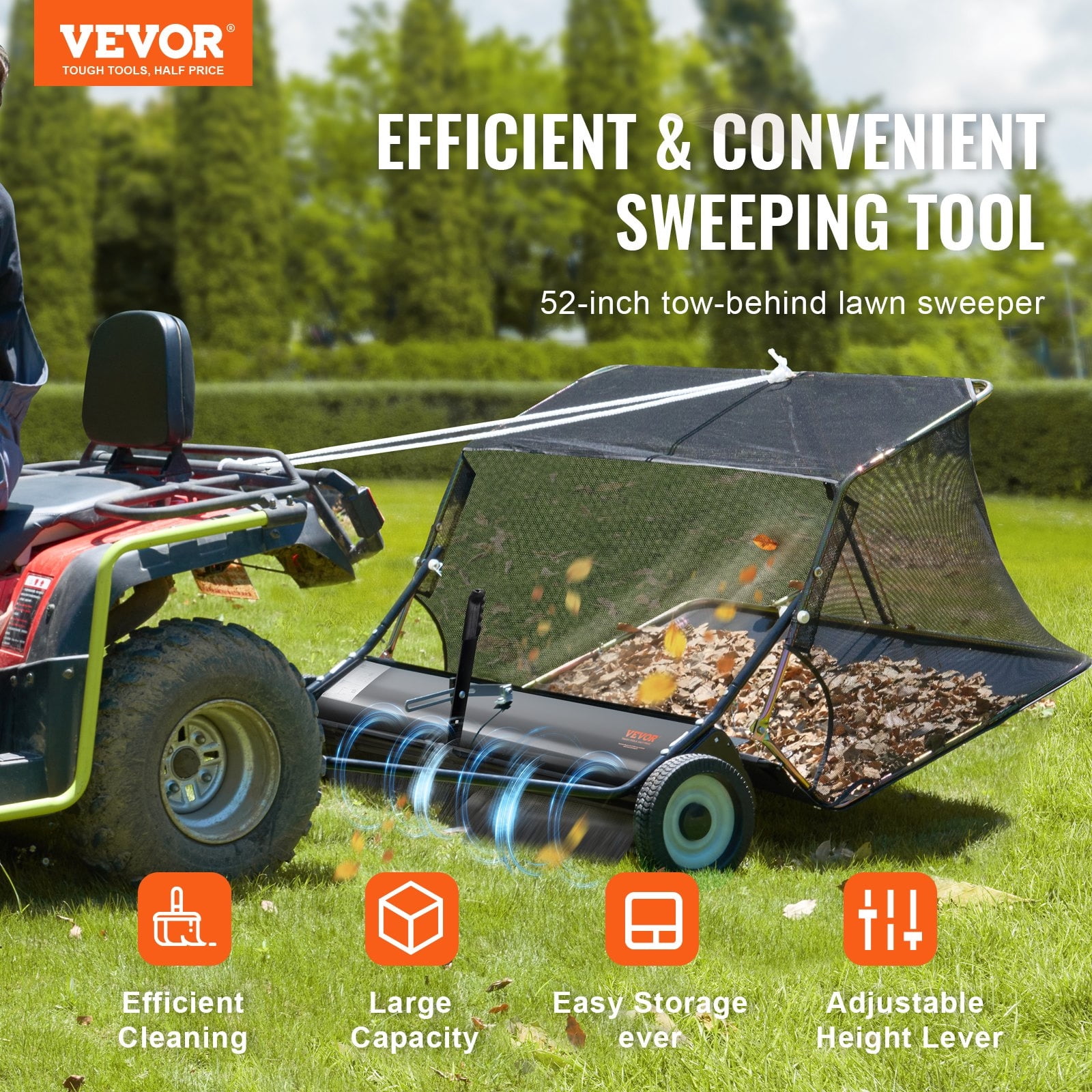 VEVOR Tow-Behind Lawn Sweeper 52-inch Leaf Yard Collector 26 cu.ft ...