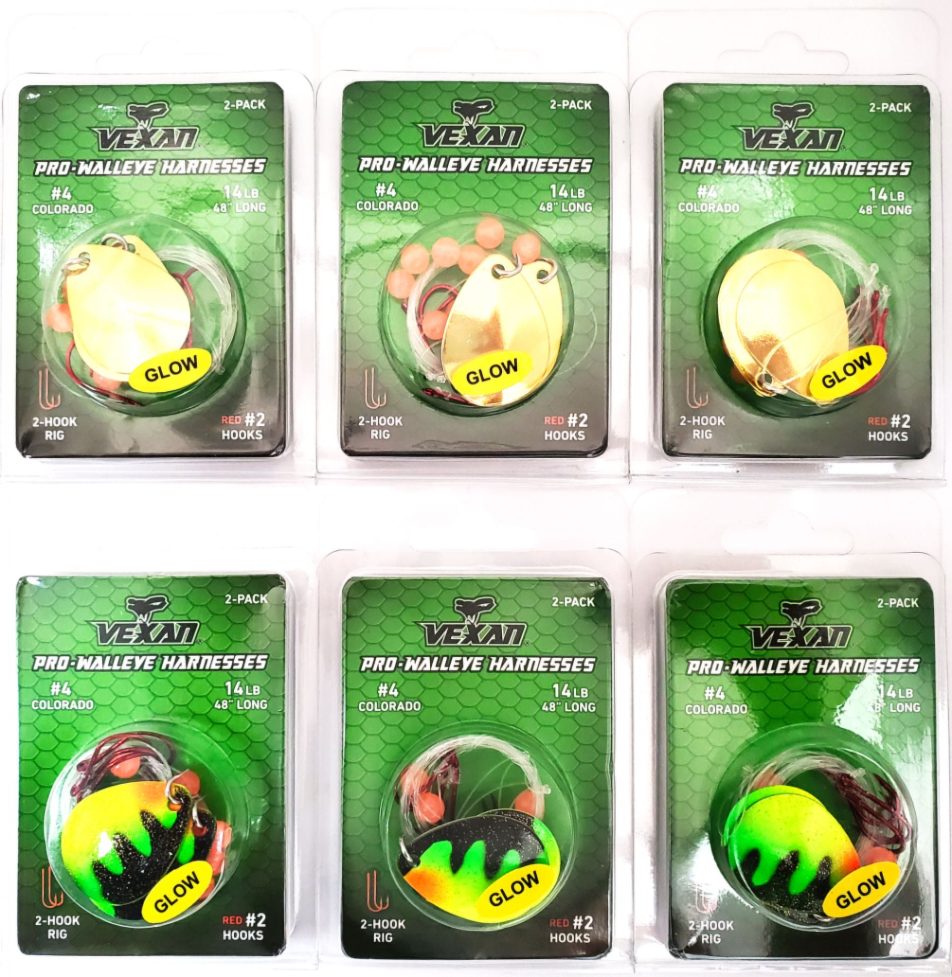 Vexan Two-fer Six 2-Packs (12 Total) Glow Walleye Crawler Harnesses ...