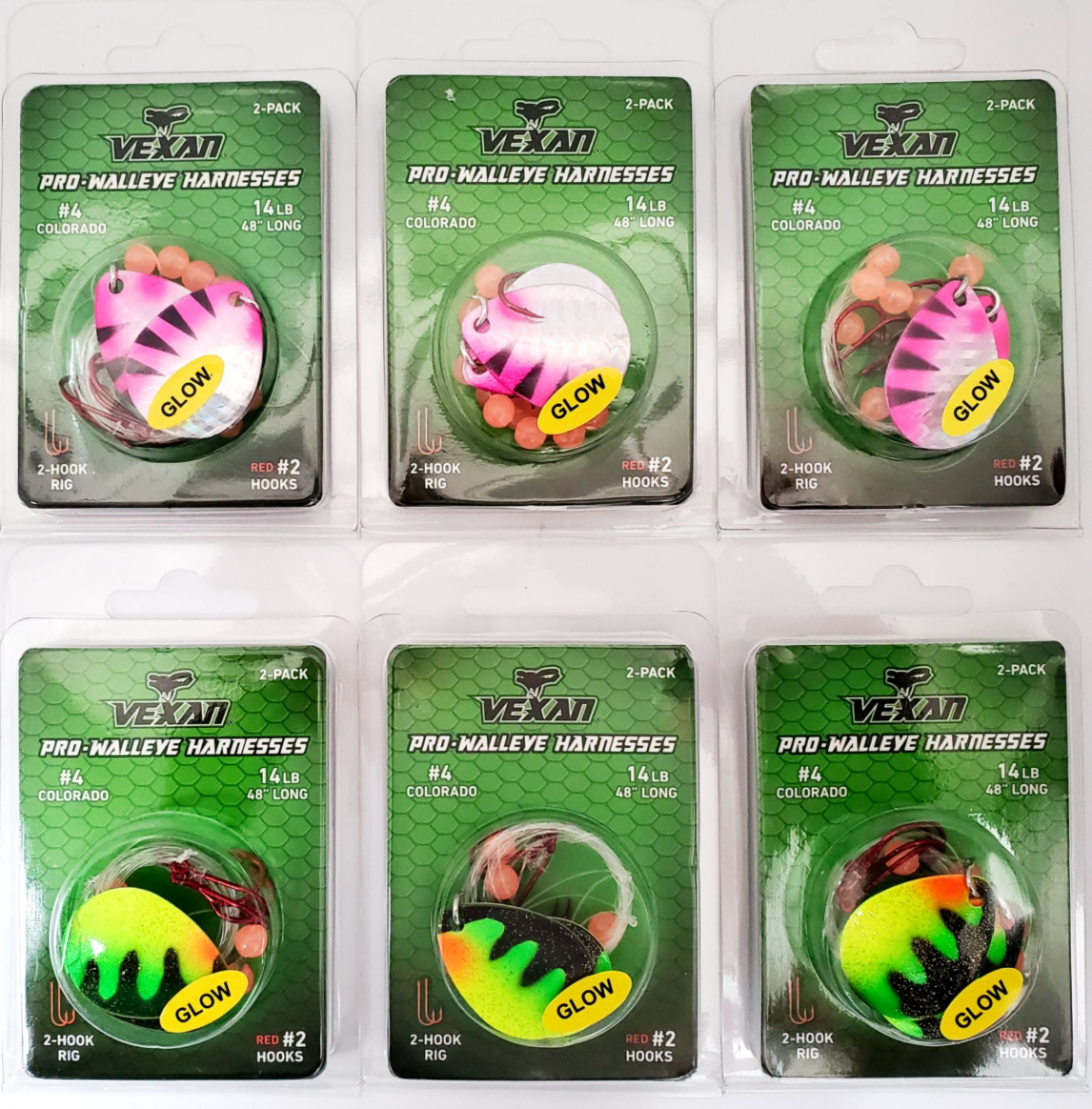 Vexan Two-fer Six 2-Packs (12 Total) Glow Walleye Crawler Harnesses ...