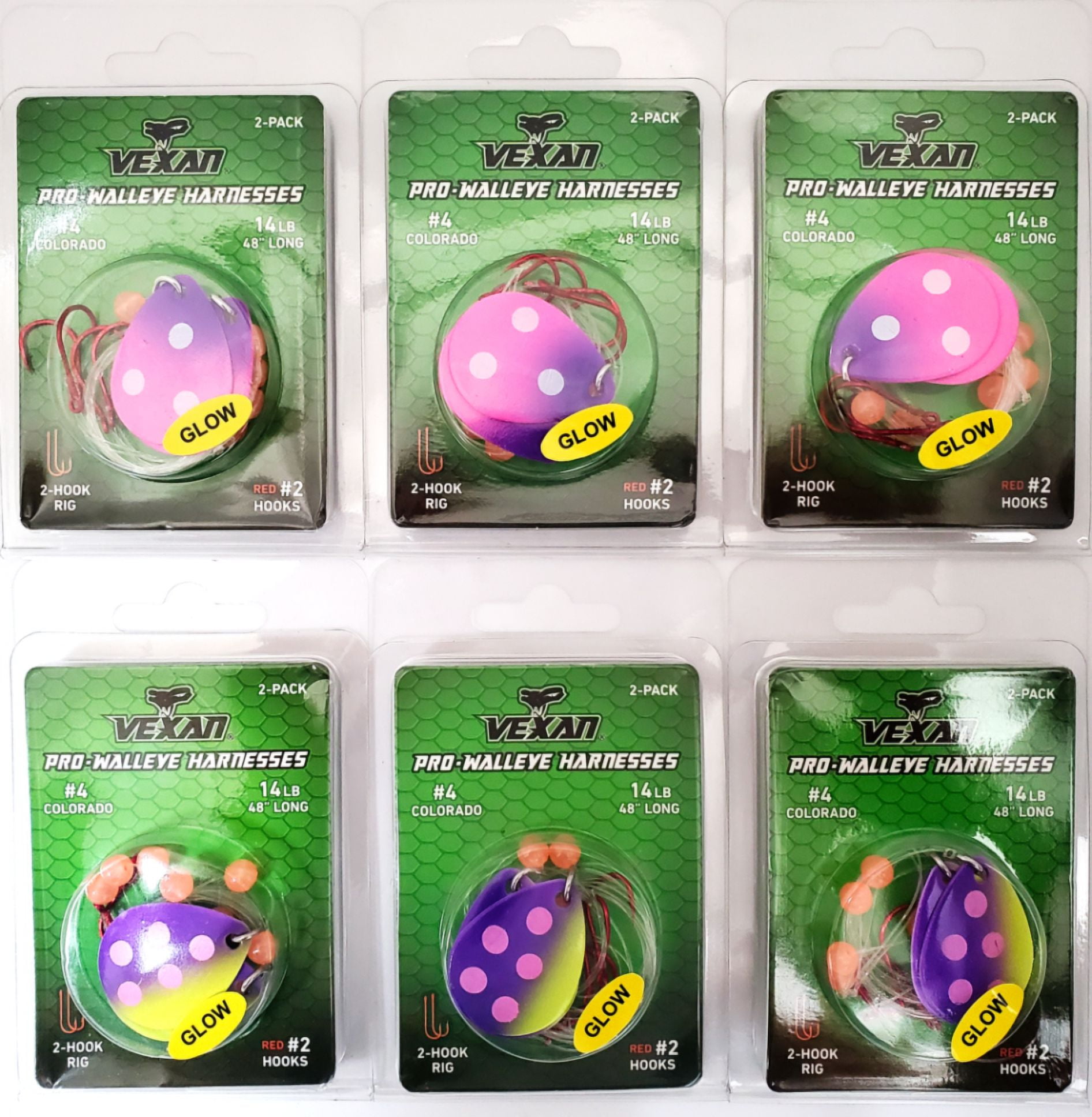 Vexan Two-fer Six 2-Packs (12 Total) Glow Walleye Crawler Harnesses ...