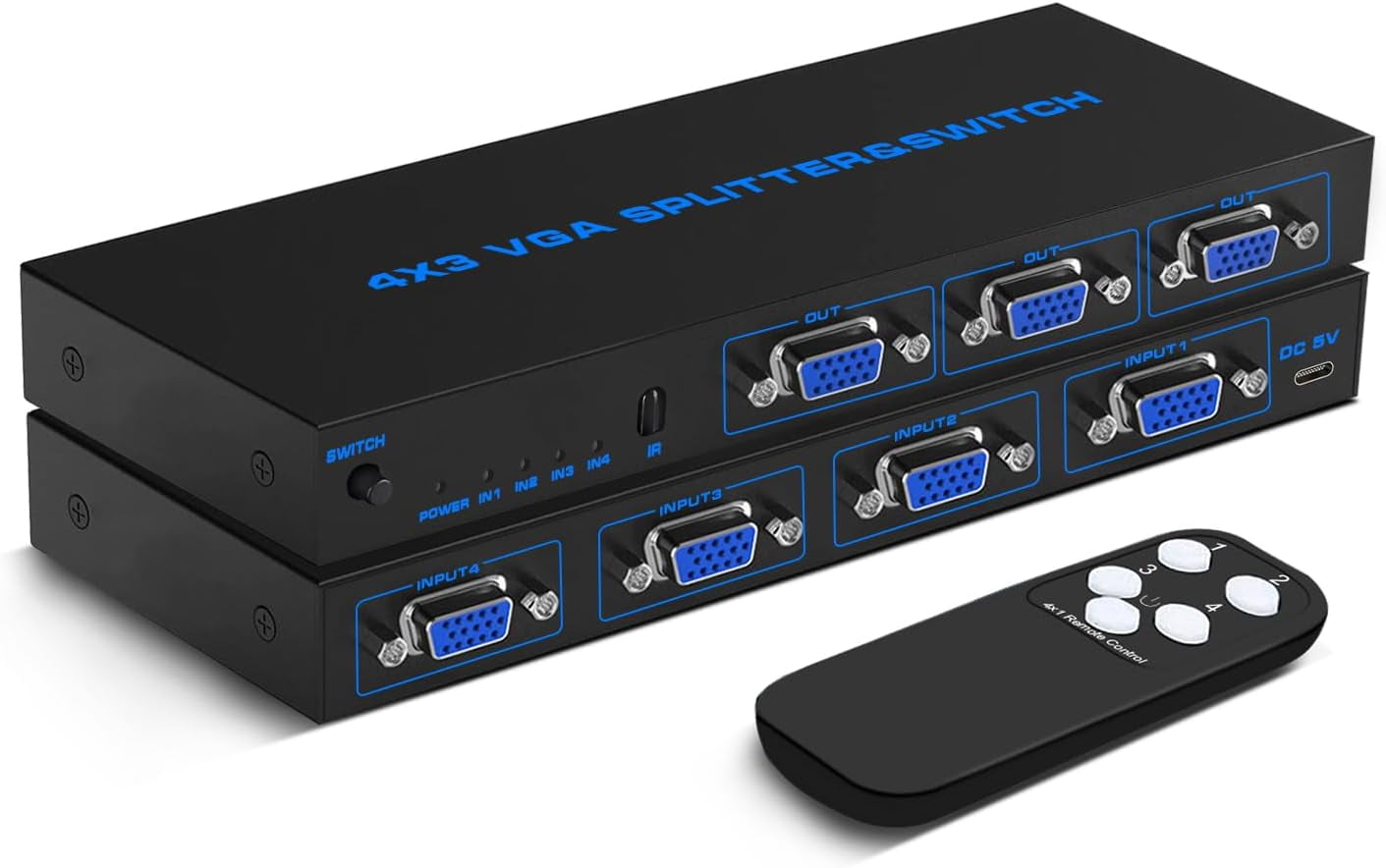 Vga Splitter 4 In 3 Out: 4 Port Powered Vga Switch 4 Pc To 3 Monitors/Projector With Remote, Vga ...
