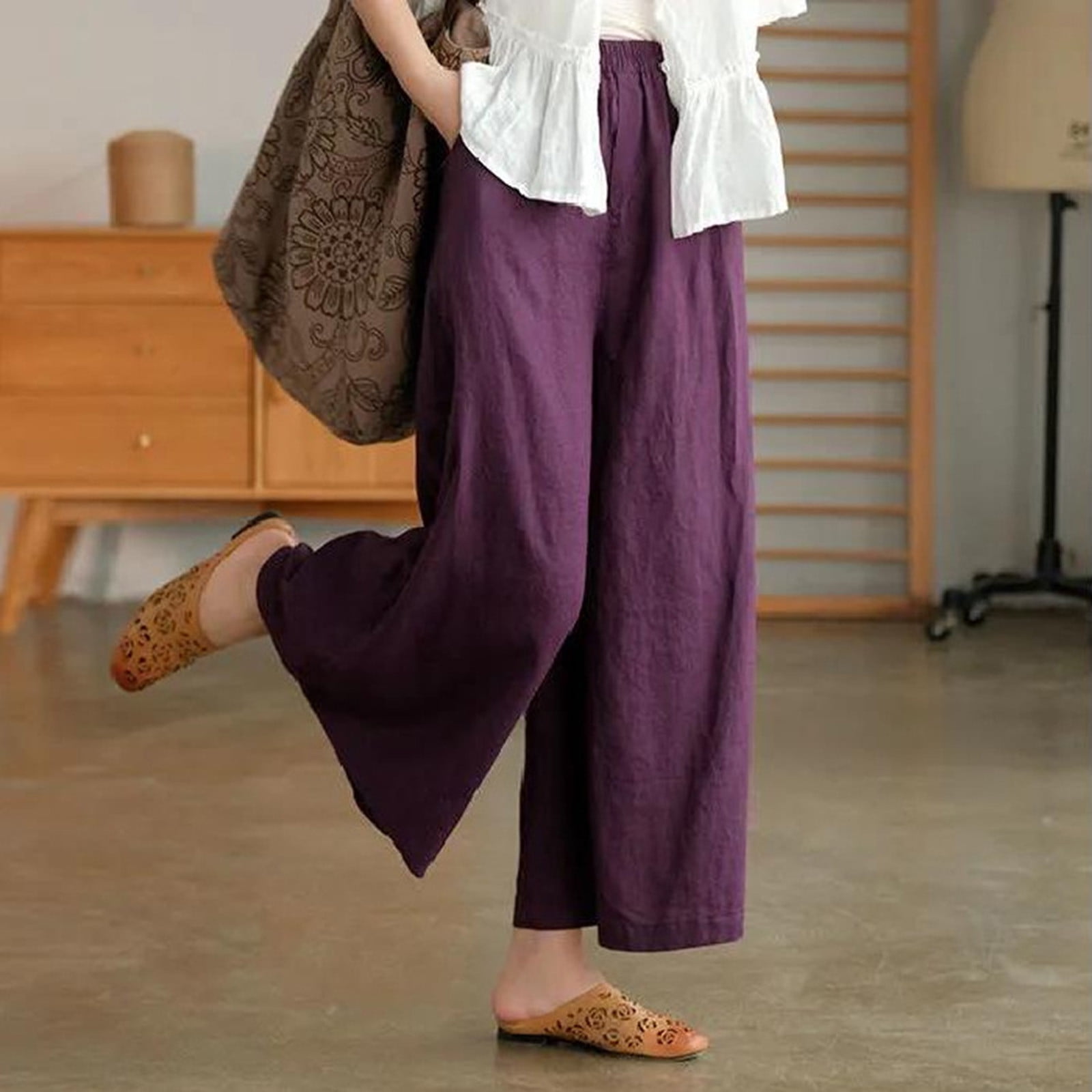 VgaVtl Cotton Linen Plus Size Womens Pants Wide-Leg Purple Ankle ...