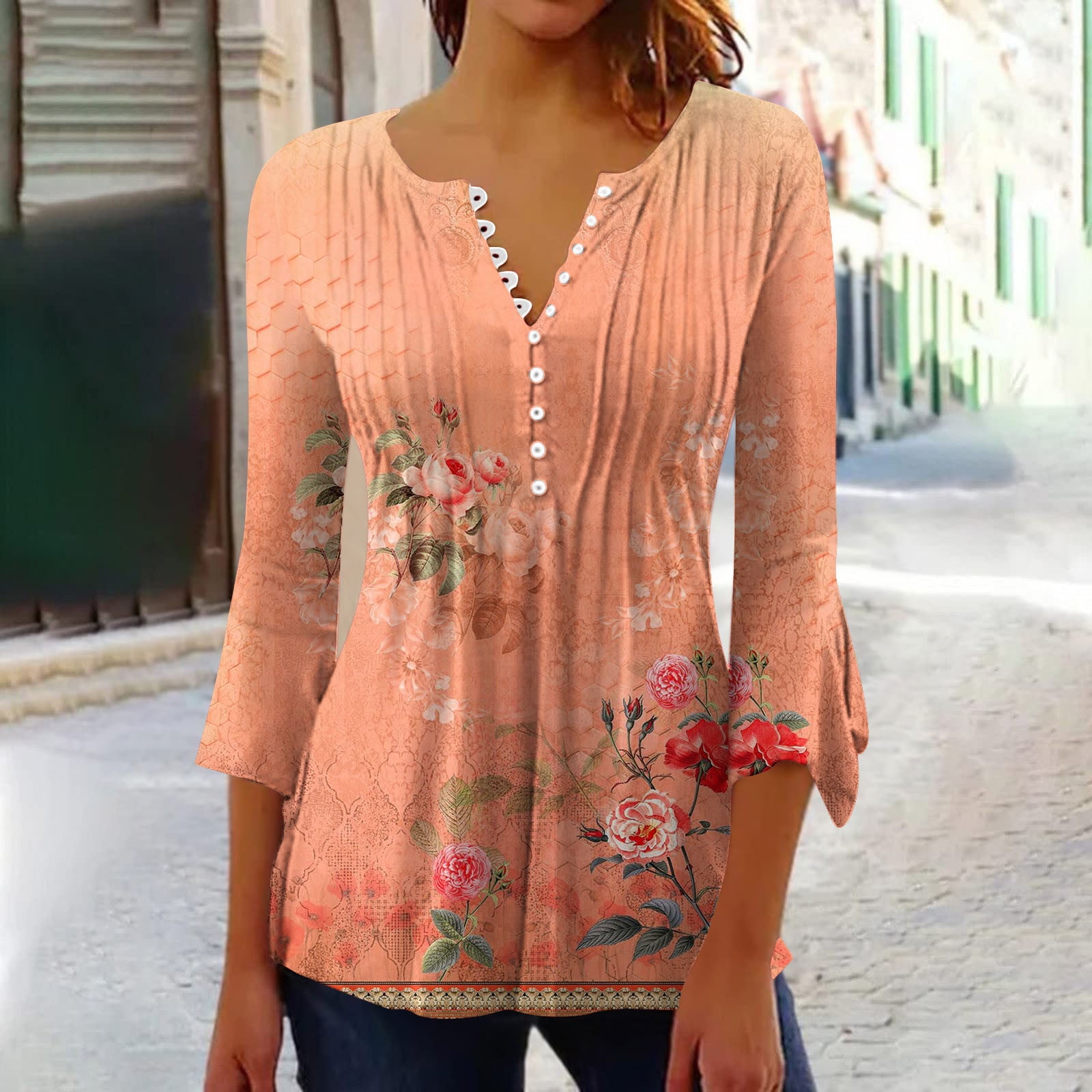 Vgavtl Orange Tops Women 3 4 Sleeve Ladies Blouses Plus Size Tunic V