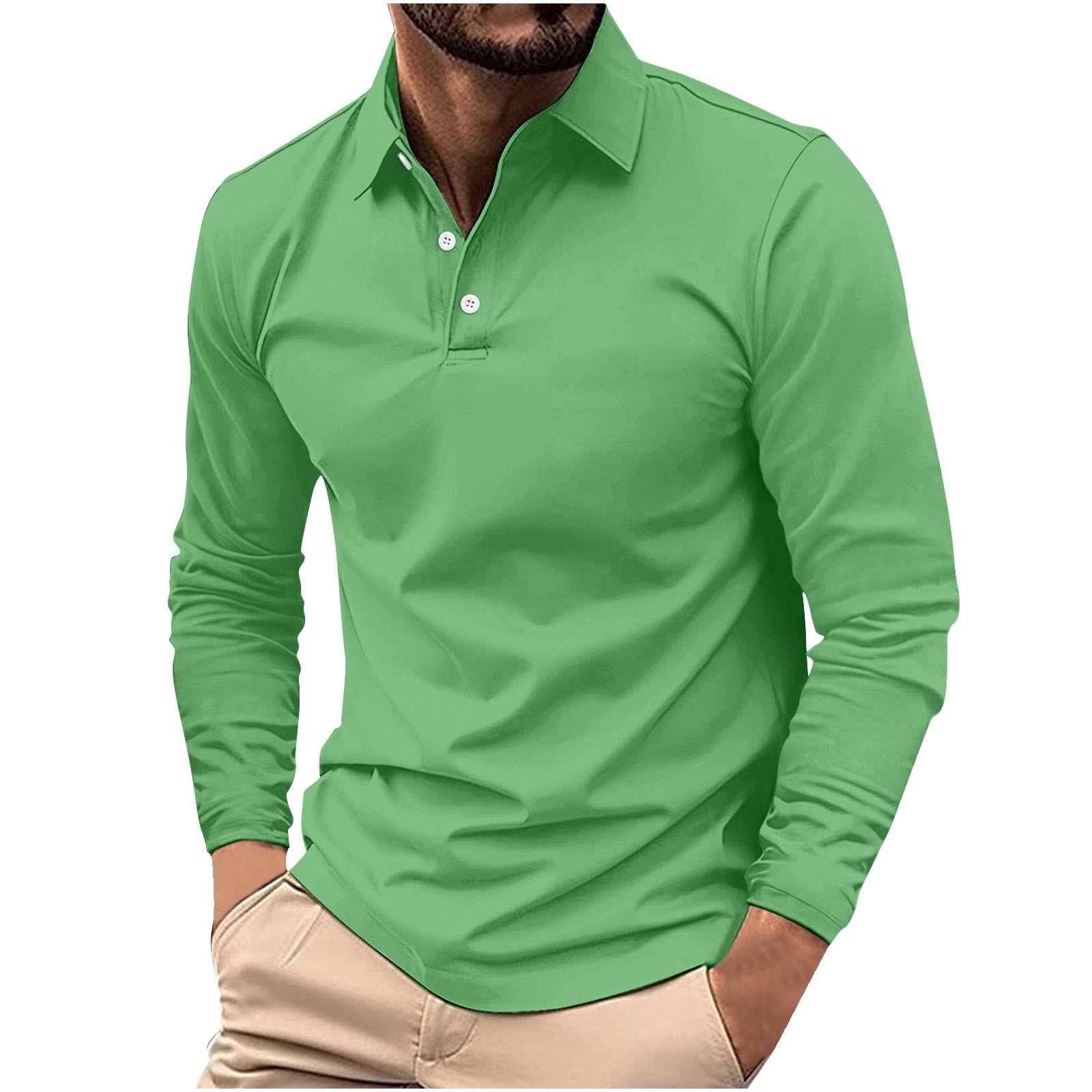 VgaVtl Polo Shirts for Men Long Sleeve Fall Mens Shirts Relaxed Fit Button Solid Green Collared ...