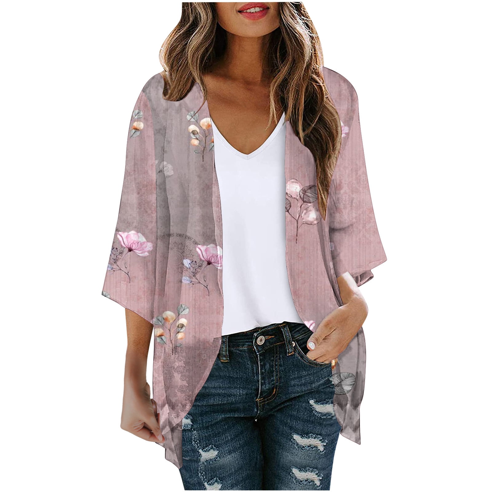 VgaVtl Summer Cardigan for Women Open Front Cover up Pink Long Sleeve ...