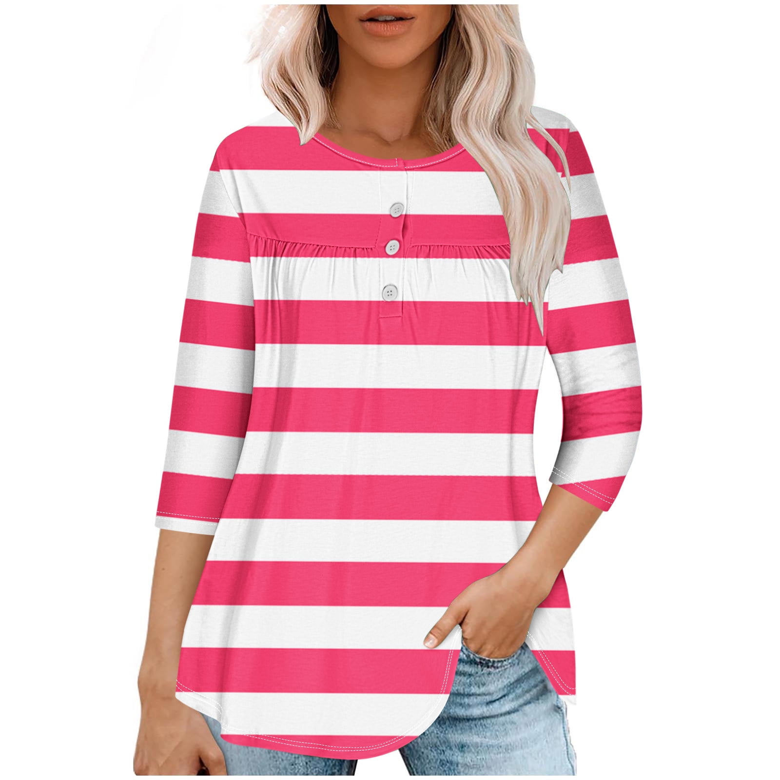 Vgavtl T Shirt For Women Pink 3 4 Sleeve Ladies Tops Casual Pullover
