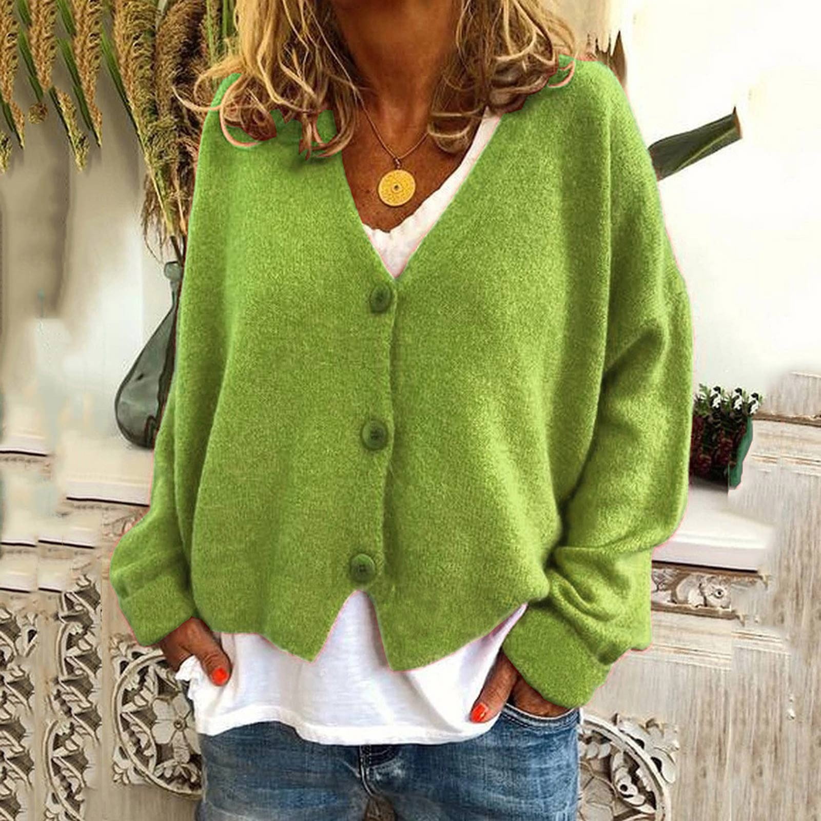 Odbmxy Women Cardigan Long Sleeve Green Knit Sweater Button Solid Loose ...