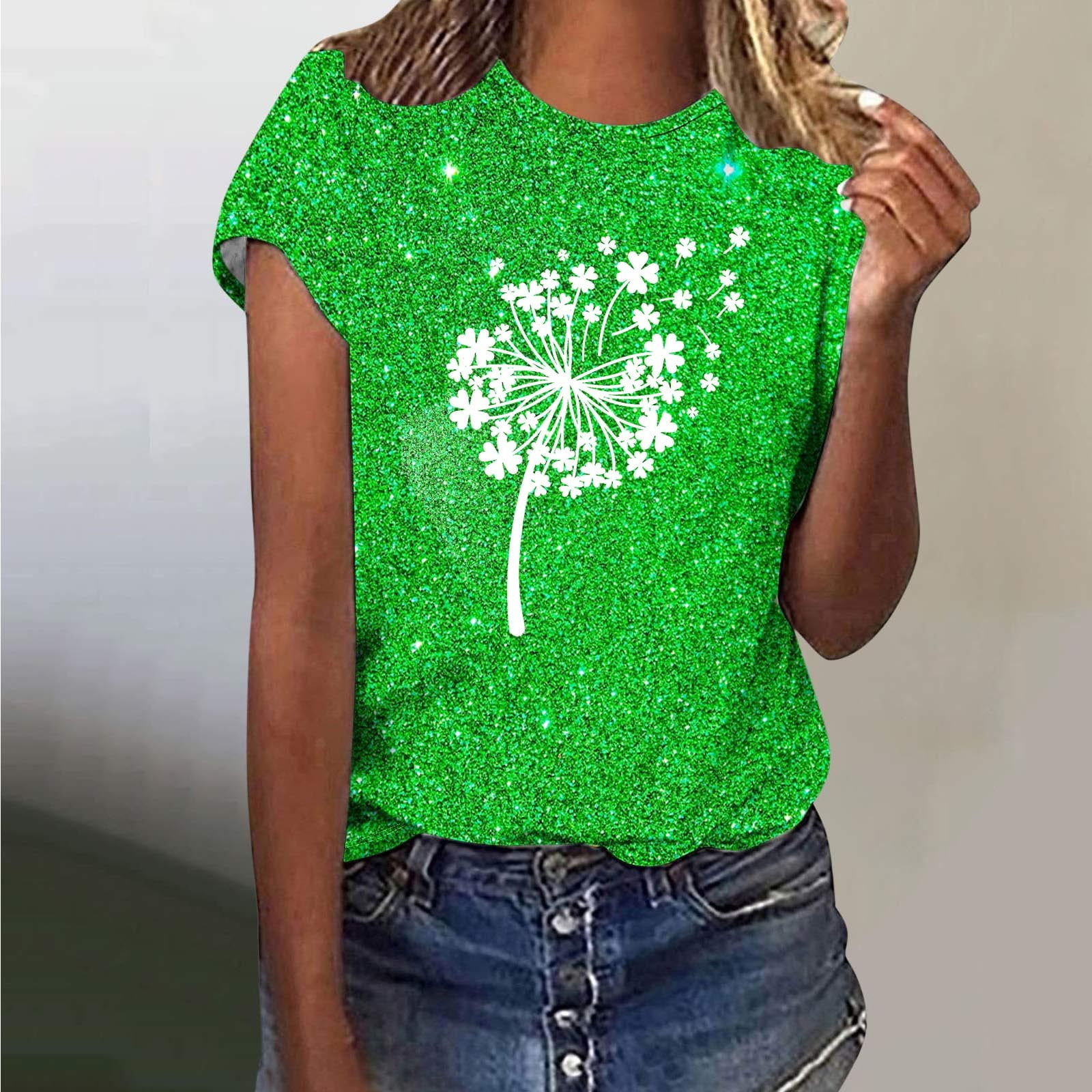 VgaVtl Womens Tee Shirts Graphic St. Patrick's Day Sequin Short Sleeve Womens Plus Size Tops ...