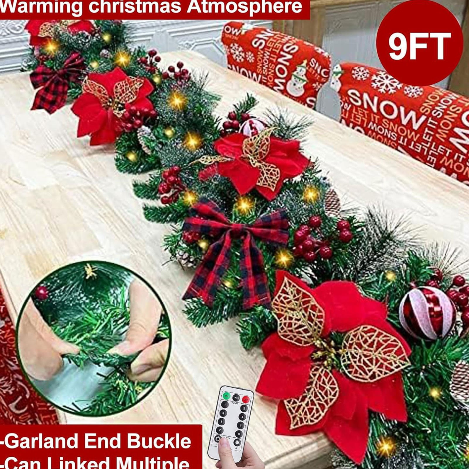 Vggrvlo 9FT Christmas Garland Green Artificial Greenery Garland ...