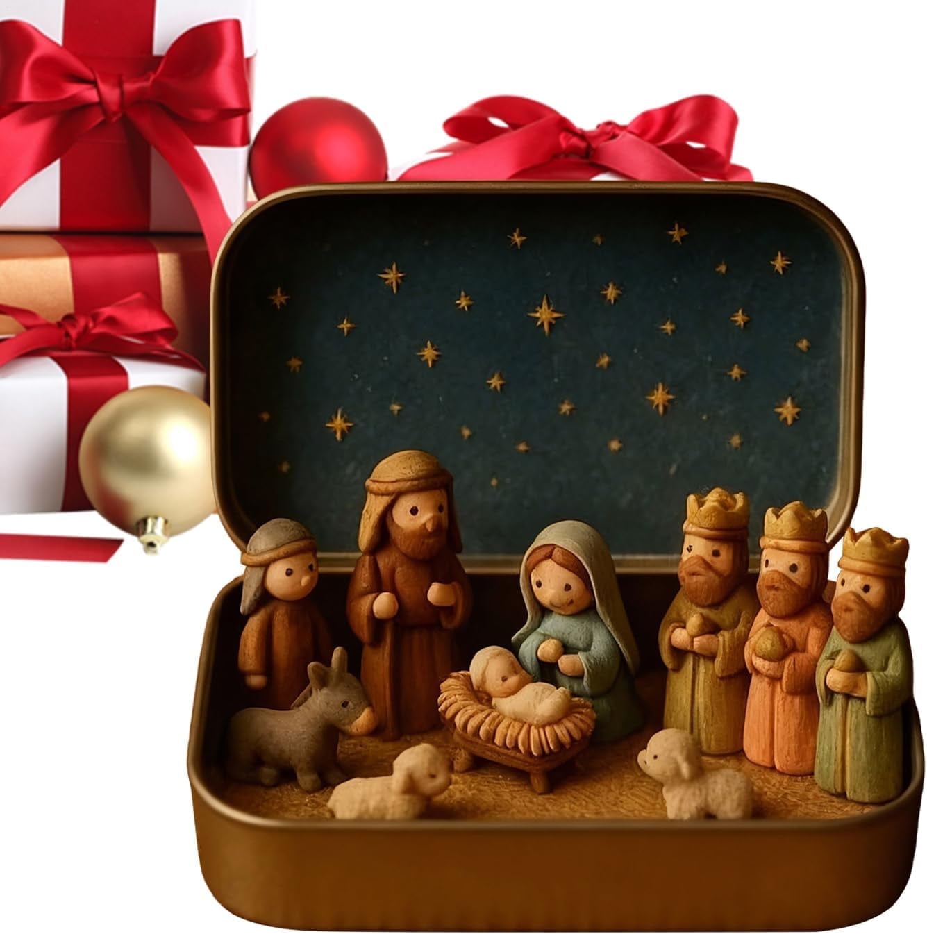 Vggrvlo Mini Christmas Nativity Set in A Tin Box Portable 3D Scene ...