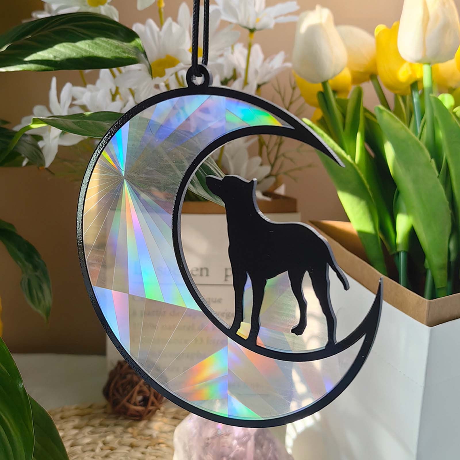 Vggrvlo Stained Glass Window Hanging Black Dog Decor Suncatcher Angel ...