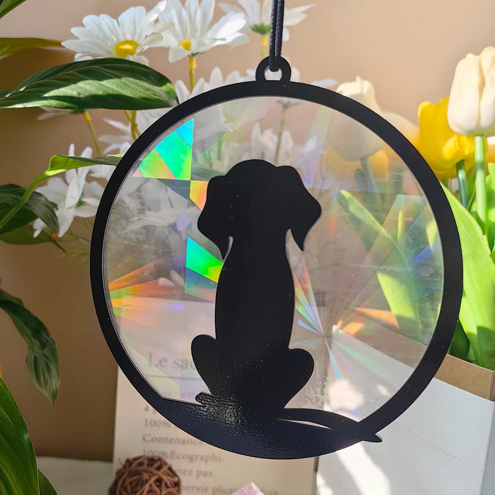 Vggrvlo Stained Glass Window Hanging Black Dog Decor Suncatcher Angel ...