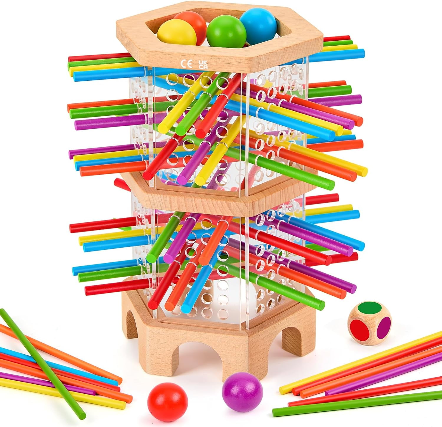 Vggrvlo Wooden Stick Game 48 Colorful Sticks Dice Game for Ki-ds 3-6 ...