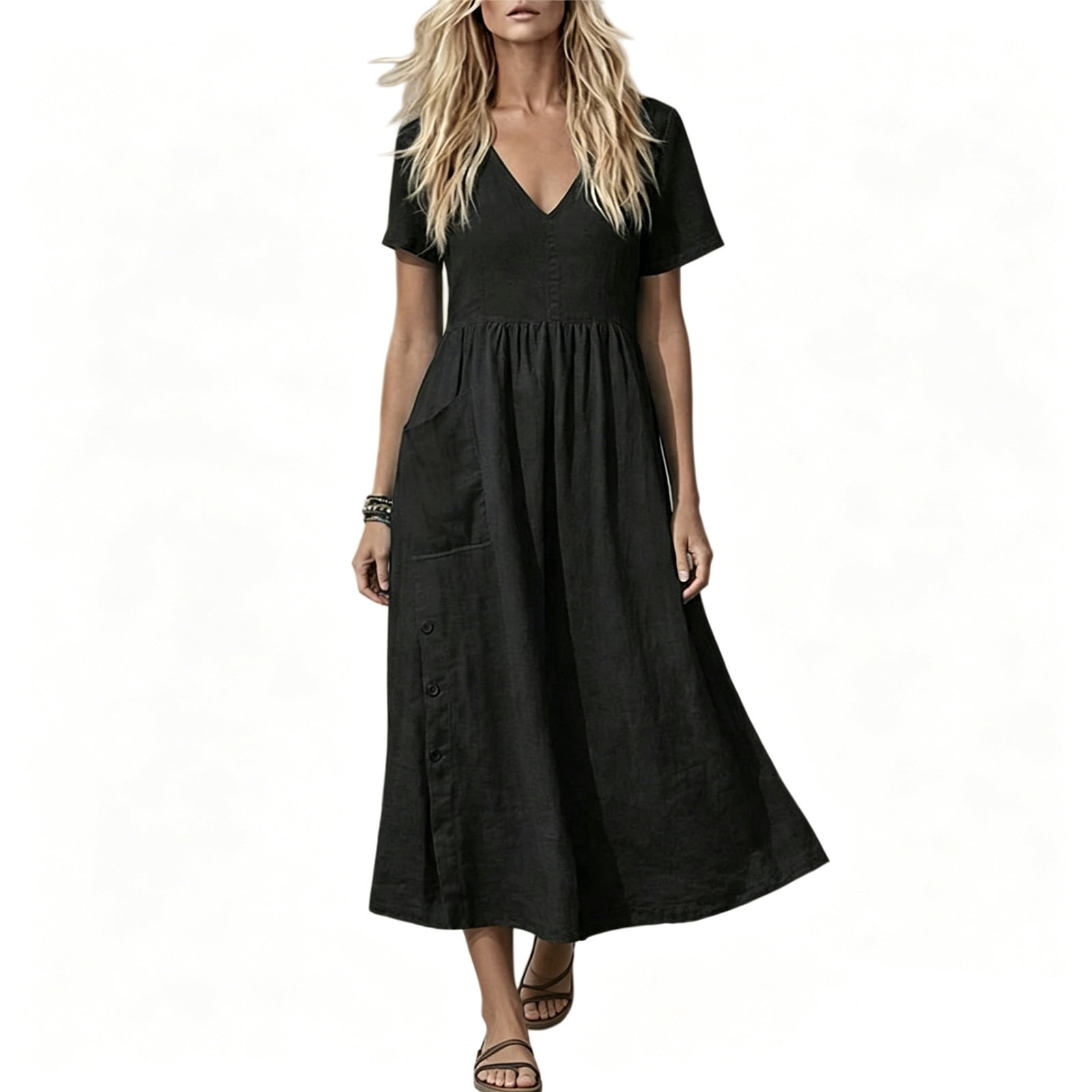 Vhkiploz Summer Long A-Line Dress For Women'S Solid Color Pleated Half ...