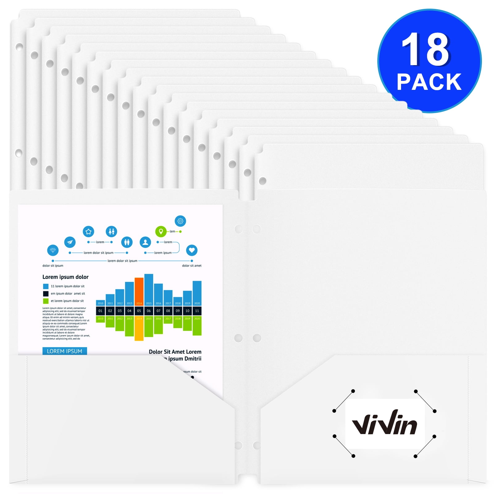 ViVin 18-Pack Plastic File Folders with 2 Pockets, 3 Hole Punched, Hold ...